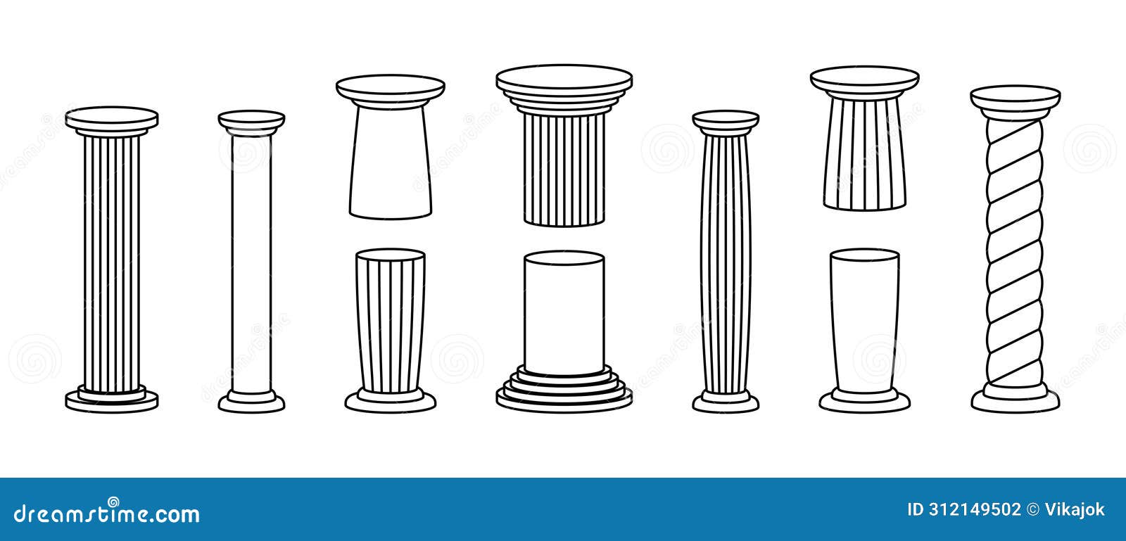 Set of Linear Greek Columns and Parts. Outline Surreal Column Shape ...