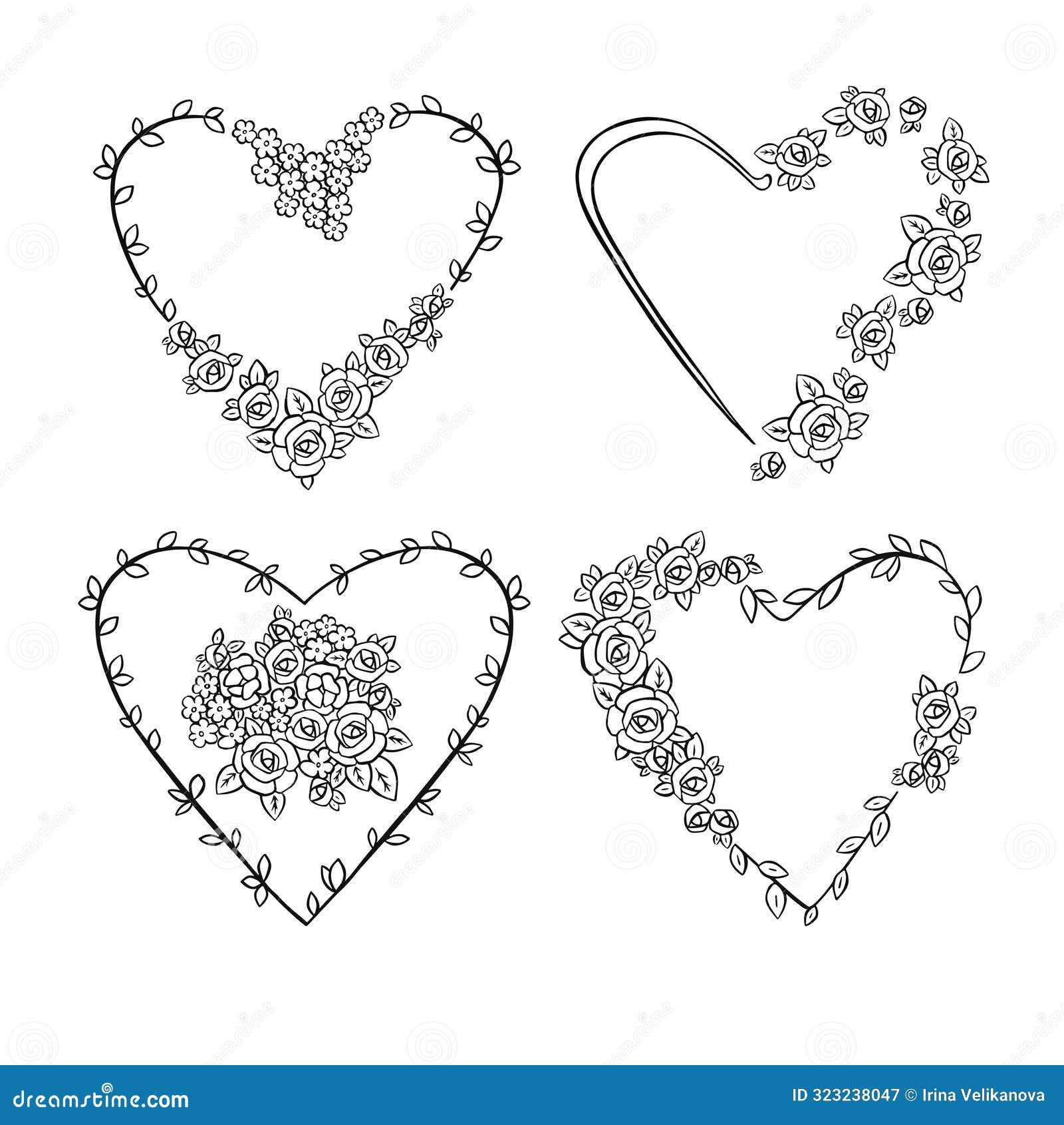Set of Linear Heart Frame Made of Flowers. Sketch Outline Vector ...