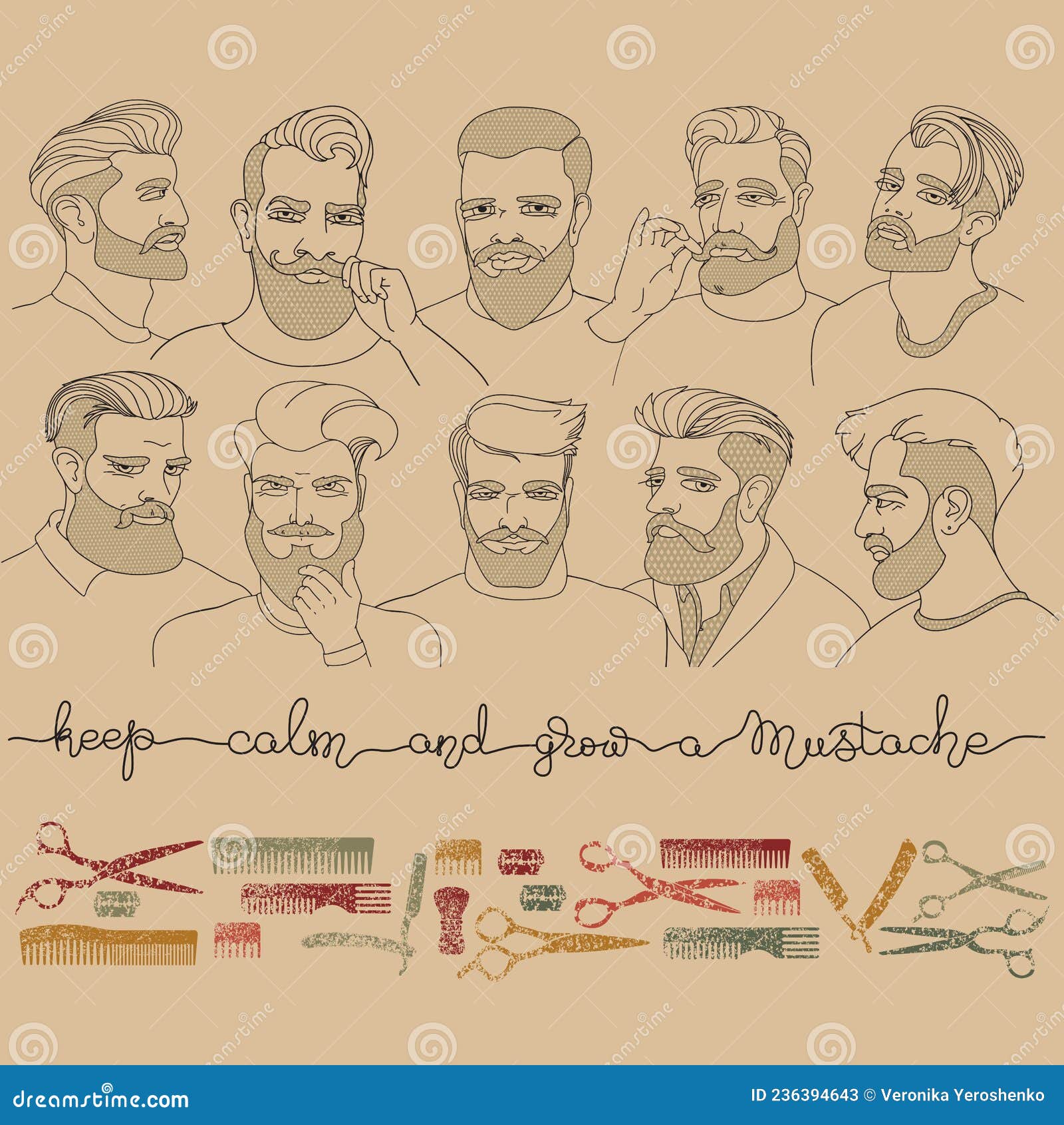 Set of Linear Men and Barber Tools. Outline Vector Illustration. Stock ...