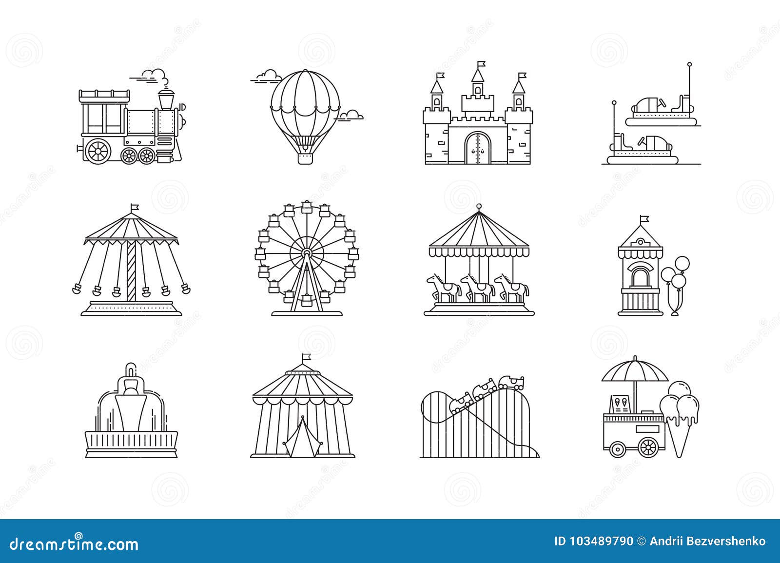 Set of Linear Park Icons Vector Flat Elements. Amusement Park Objects ...