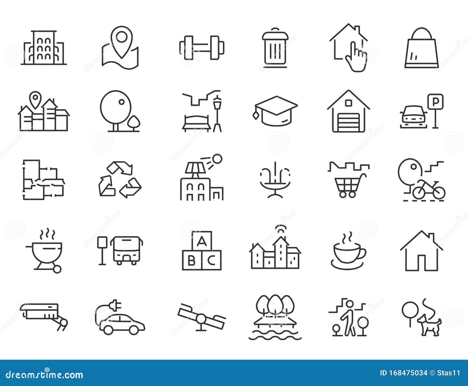 Set of Linear Residential Complex Icons. Infrastructure Icons in Simple ...