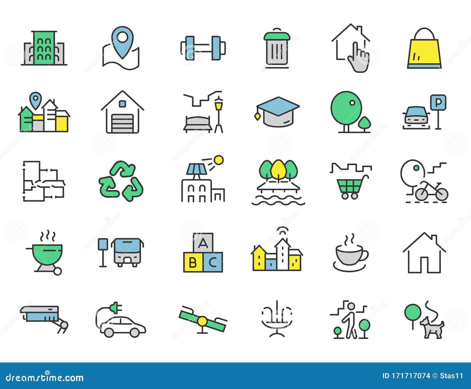 Set of Linear Residential Complex Icons. Infrastructure Icons in Simple ...