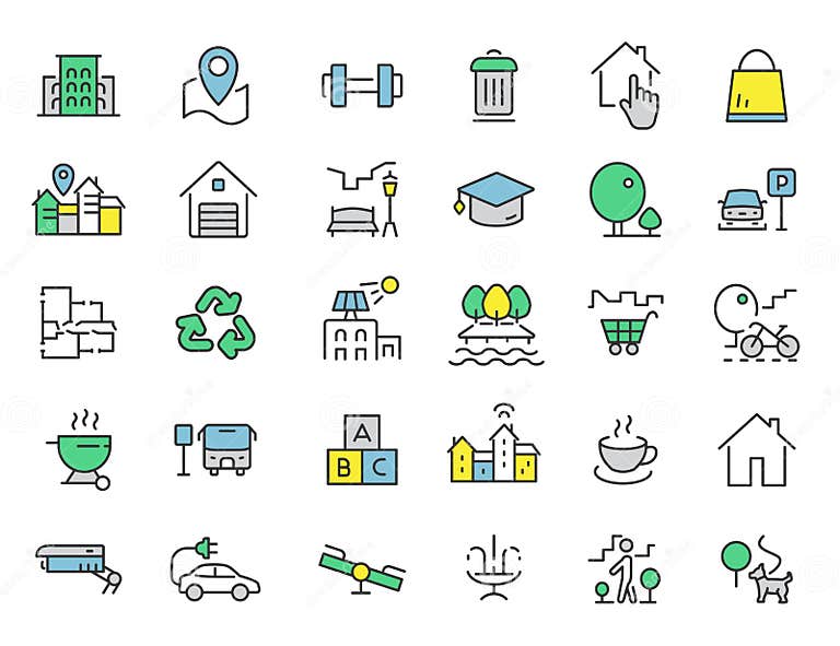 Set of Linear Residential Complex Icons. Infrastructure Icons in Simple ...