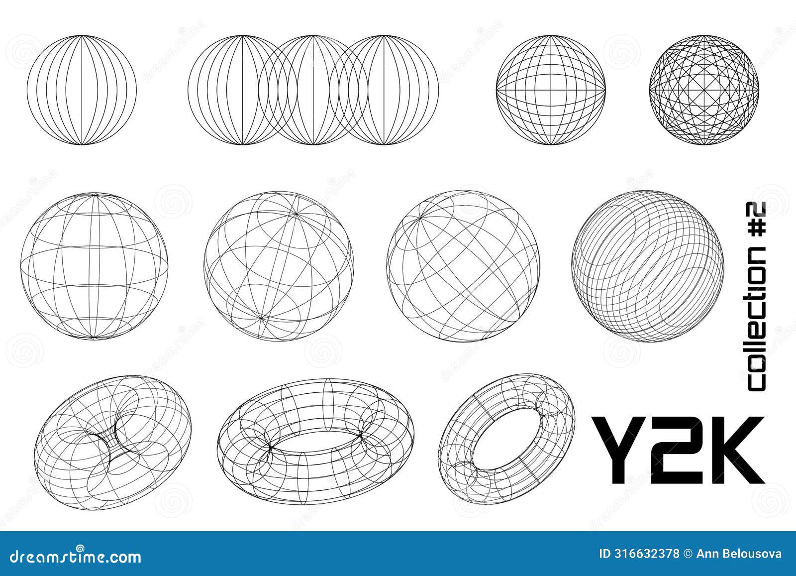 Set Linear White and Black Geometric Y2k, 3d Round. Vector for Poster ...