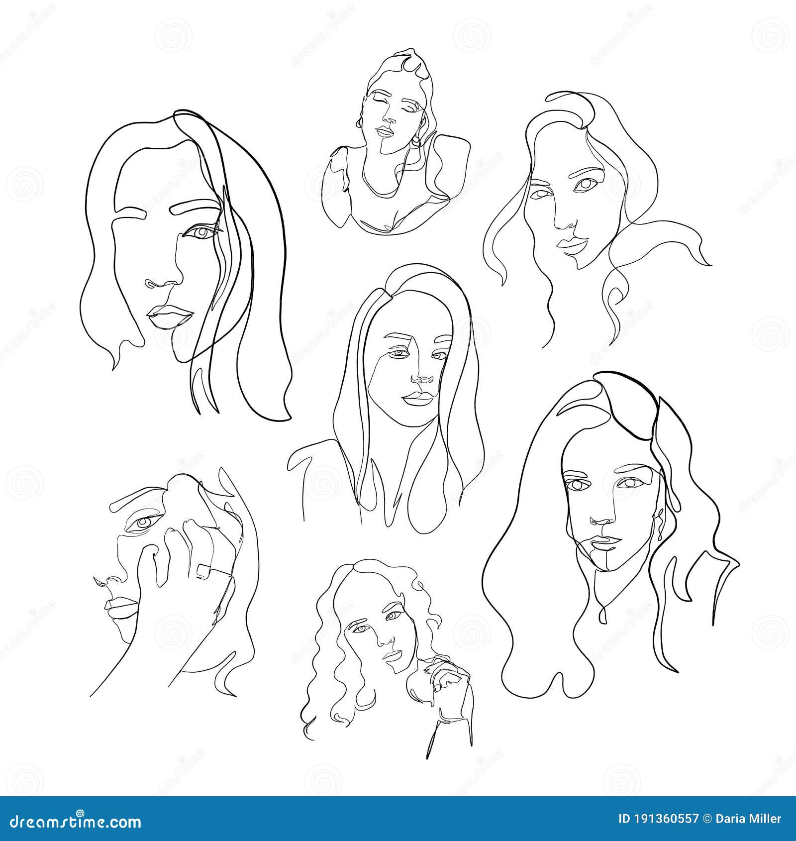 Set Linear Woman Portraits. Stock Vector - Illustration of graphic ...