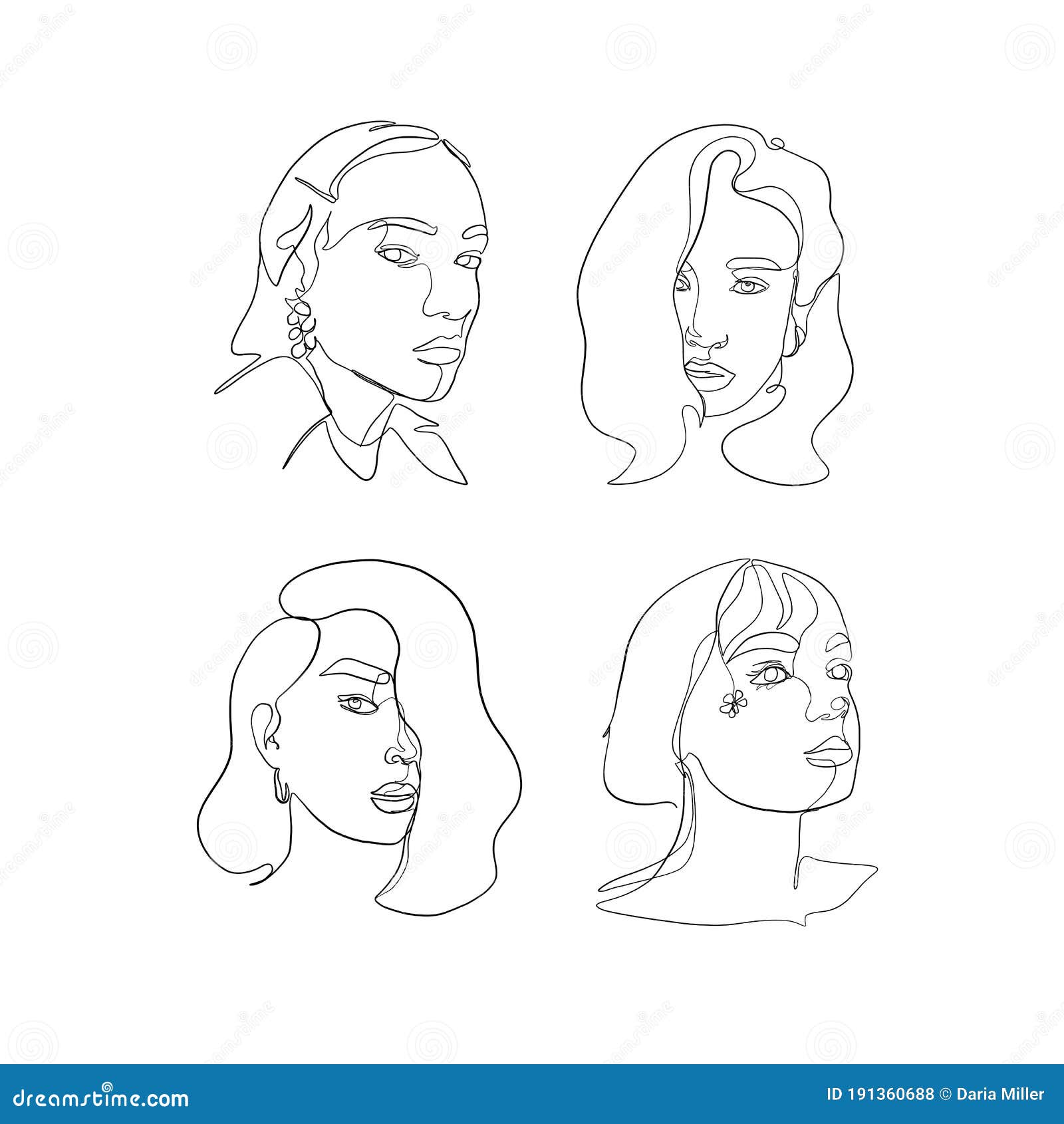 Set Linear Woman Portraits. Stock Vector - Illustration of outline ...