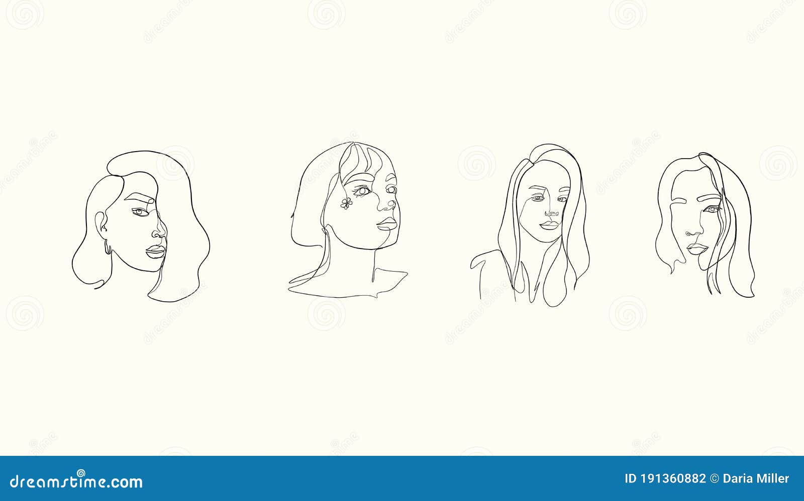 Set Linear Woman Portraits. Stock Vector - Illustration of drawn ...