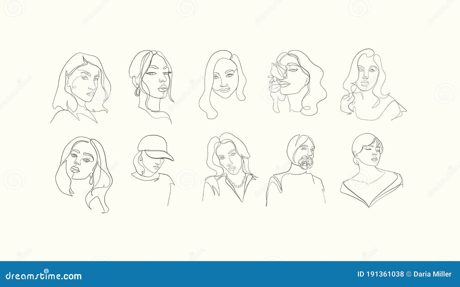 Set Linear Woman Portraits. Stock Vector - Illustration of drawn, girl ...