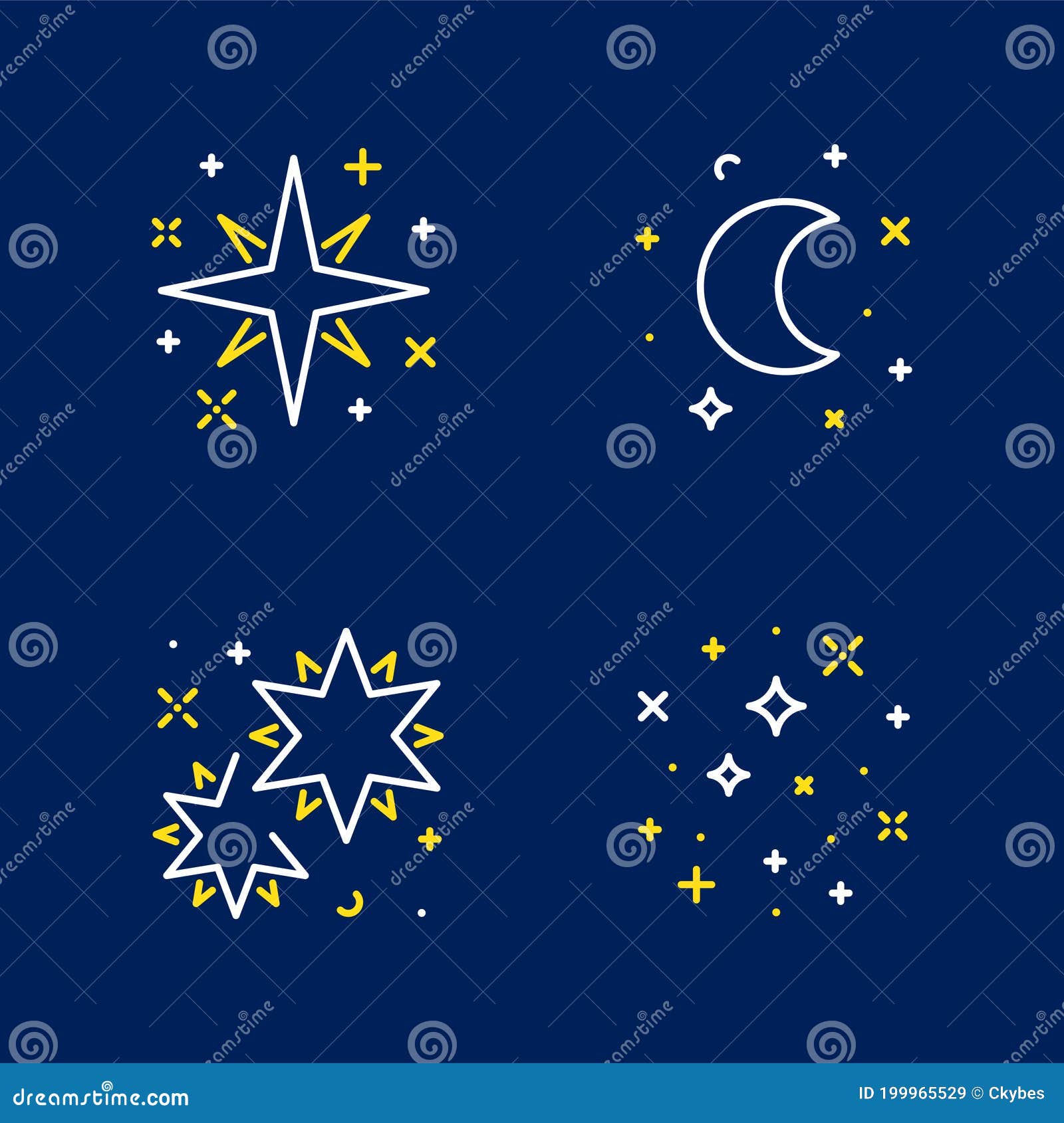 Set of Lined Icons of Sparkling and Twinkling Space Objects Isolated on ...