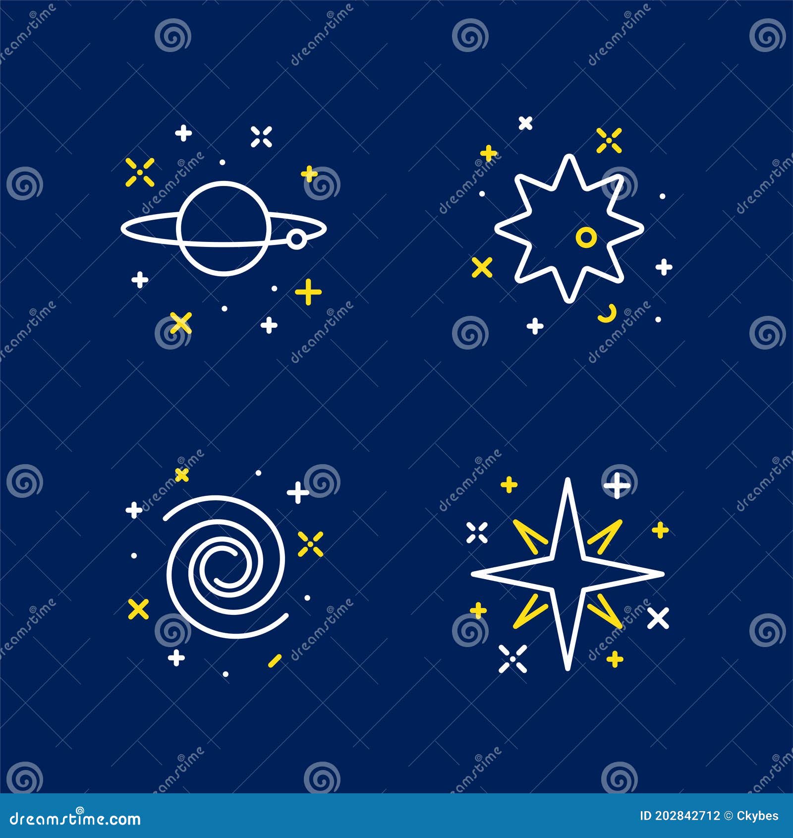 Set of Lined Icons of Sparkling and Twinkling Space Objects Isolated on ...