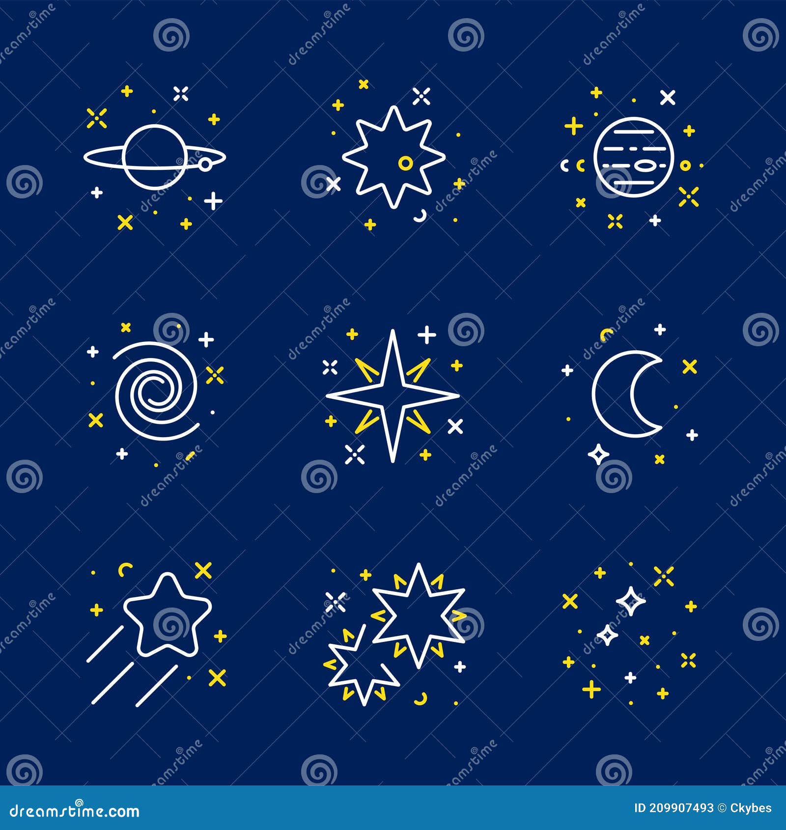 Set of Lined Icons of Sparkling and Twinkling Space Objects Isolated ...