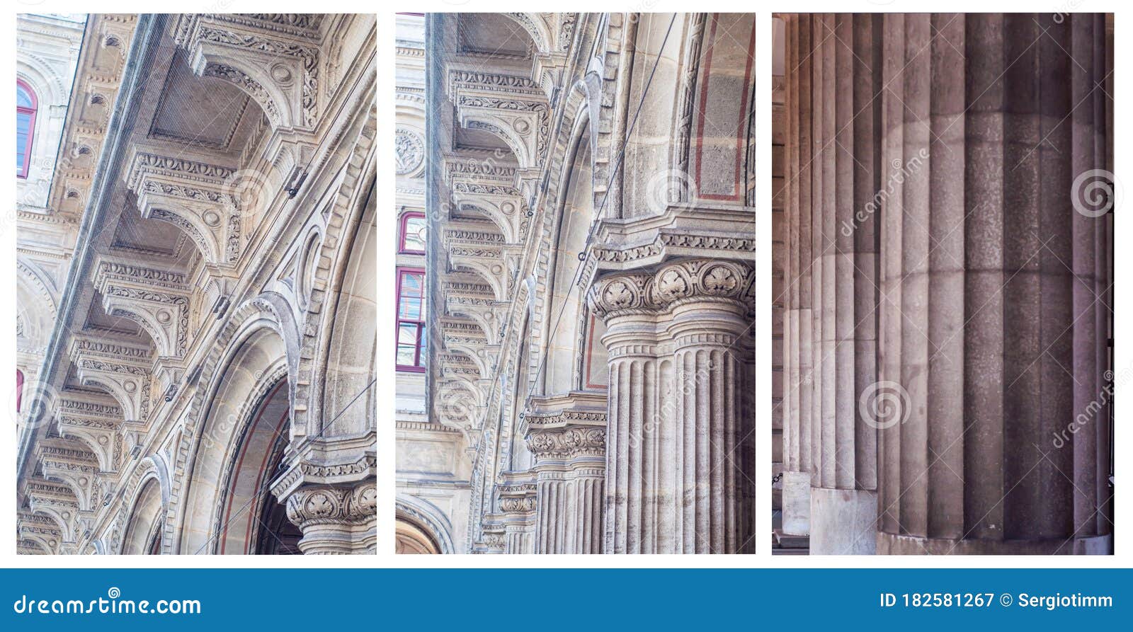 Set, Lines Ancient Columns and Bas-relief Stone Ornaments in ...