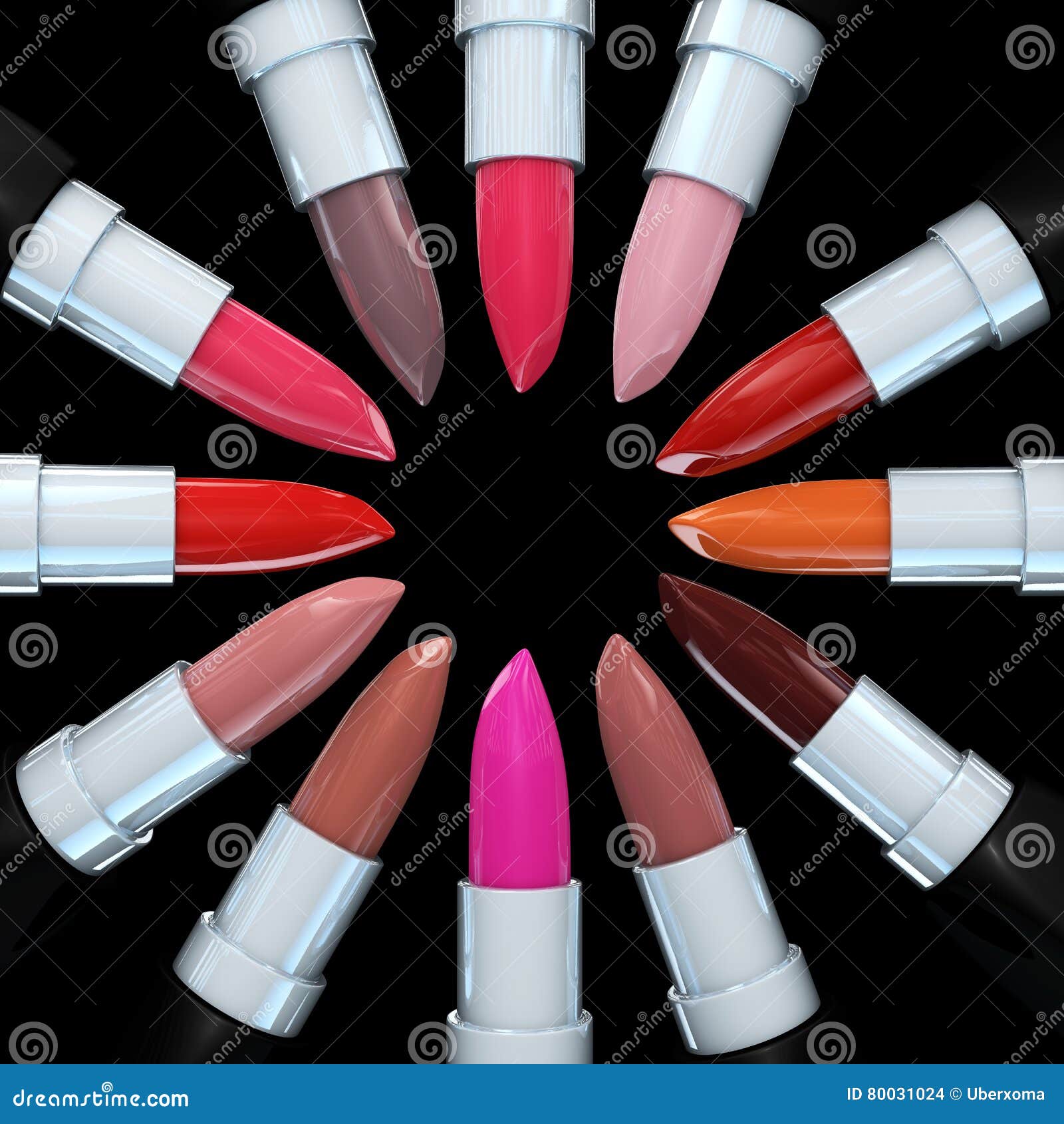 Set of Lipsticks in a Circle Isolated on Black. 3d Illustration of ...
