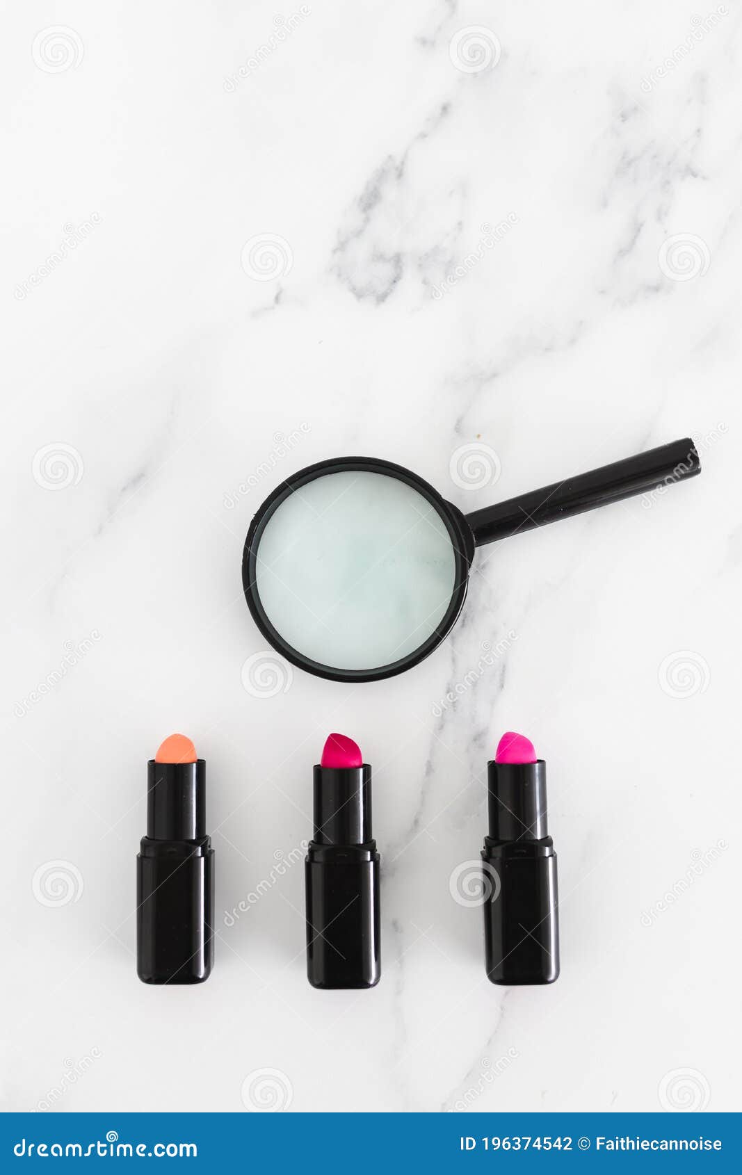 Set of Lipsticks with Magnifying Glass, Analyzing Make-up Ingredients ...