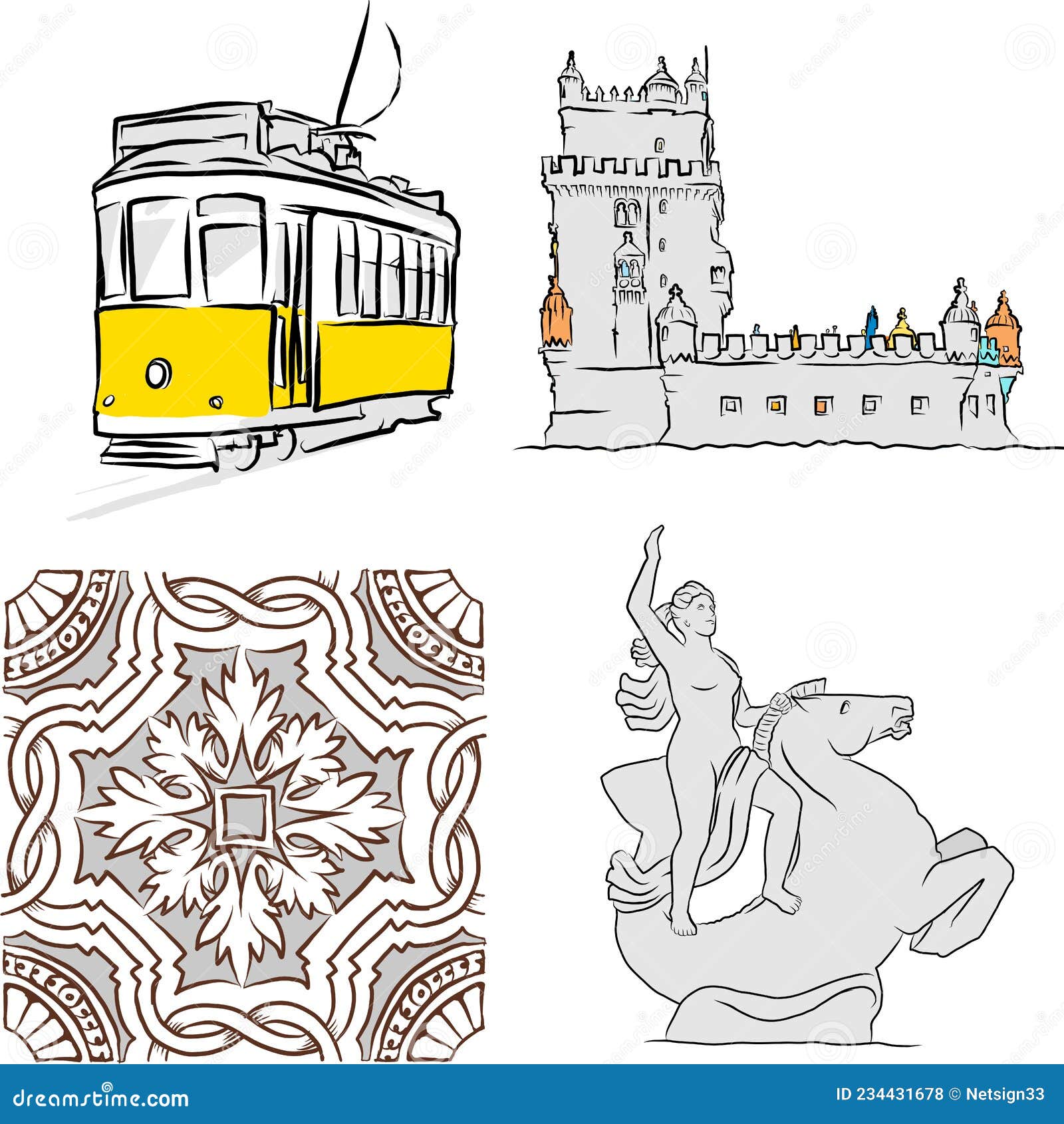 Set of Lisbon drawings stock vector. Illustration of country - 234431678