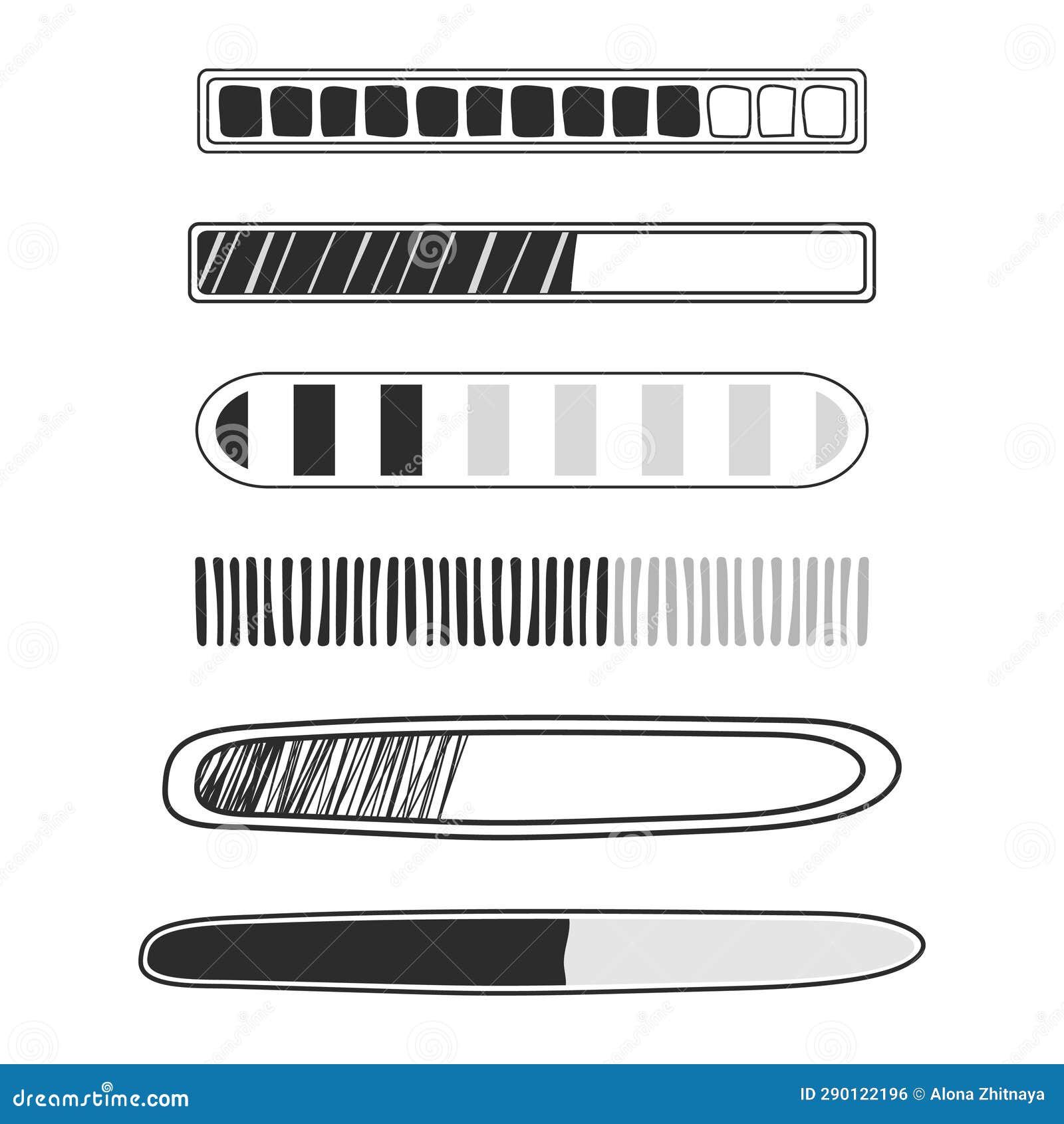 Set Loading Bar, Progress in Doodle Style Isolated on White Background ...