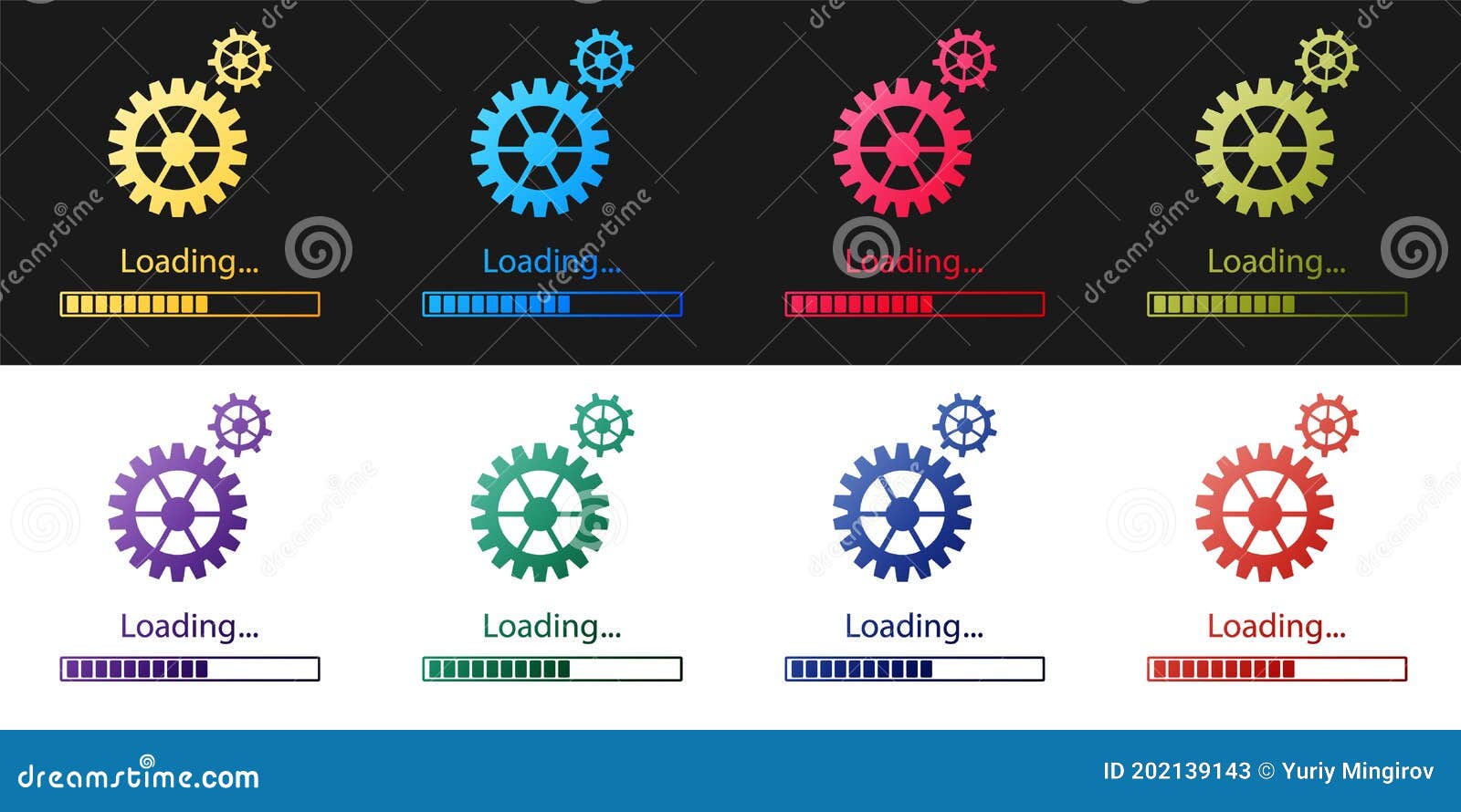 Set Loading and Gear Icon Isolated on Black and White Background ...