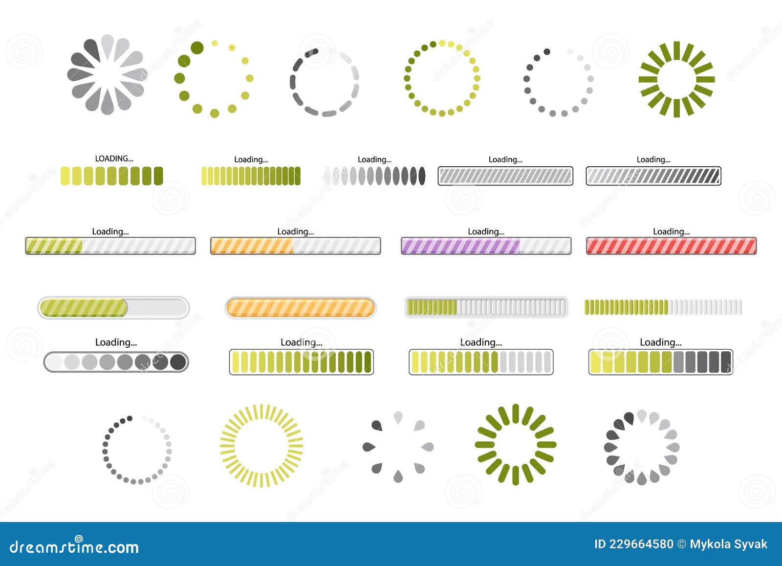 Set of Loading Progress Bars, Process and Status Icons for Interface ...