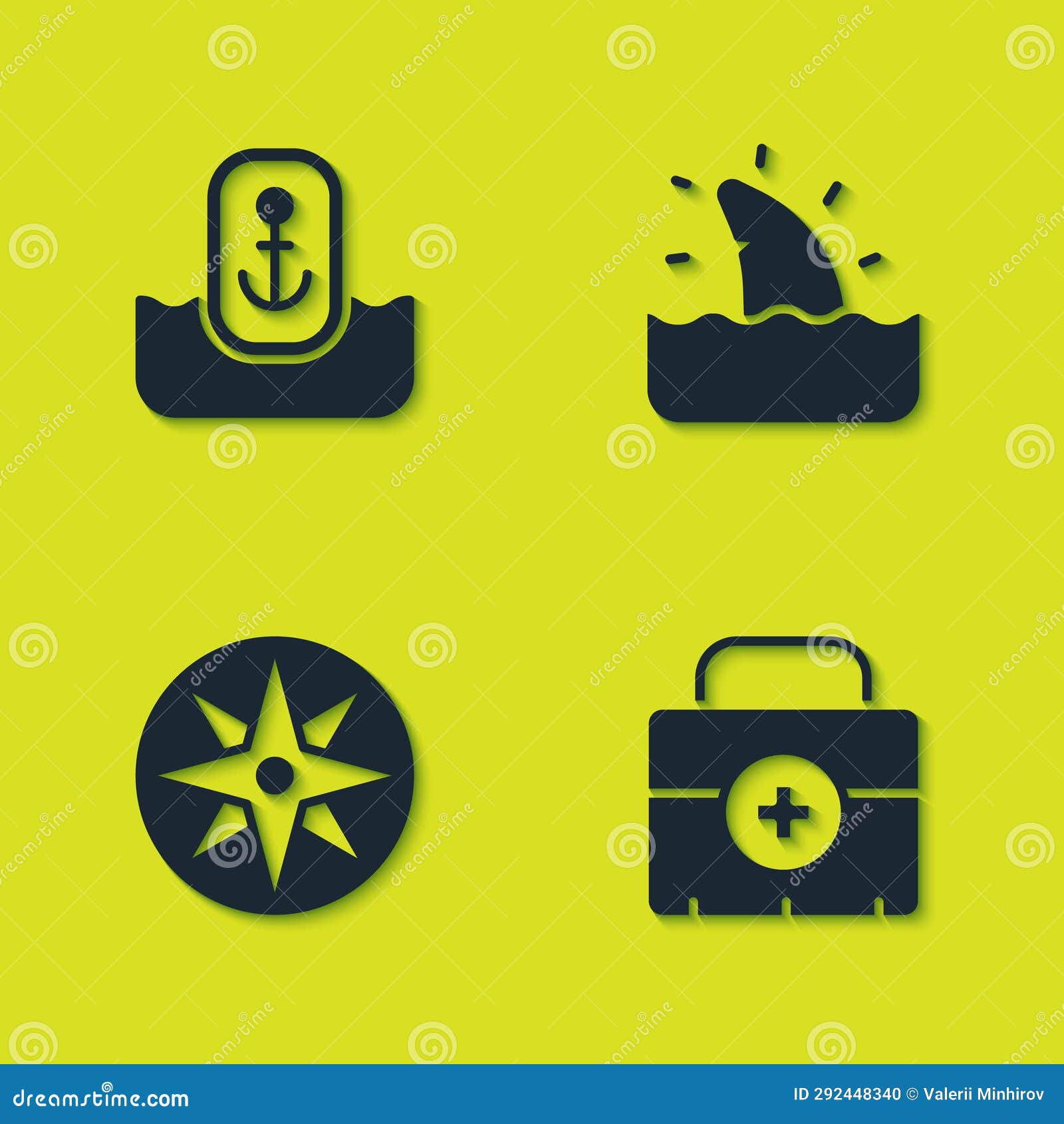 Set Location with Anchor, First Aid Kit, Wind Rose and Shark Fin Ocean ...
