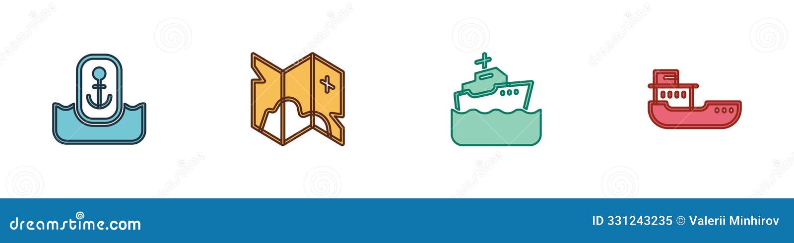 Set Location with Anchor, Pirate Treasure Map, Cruise Ship and Cargo ...