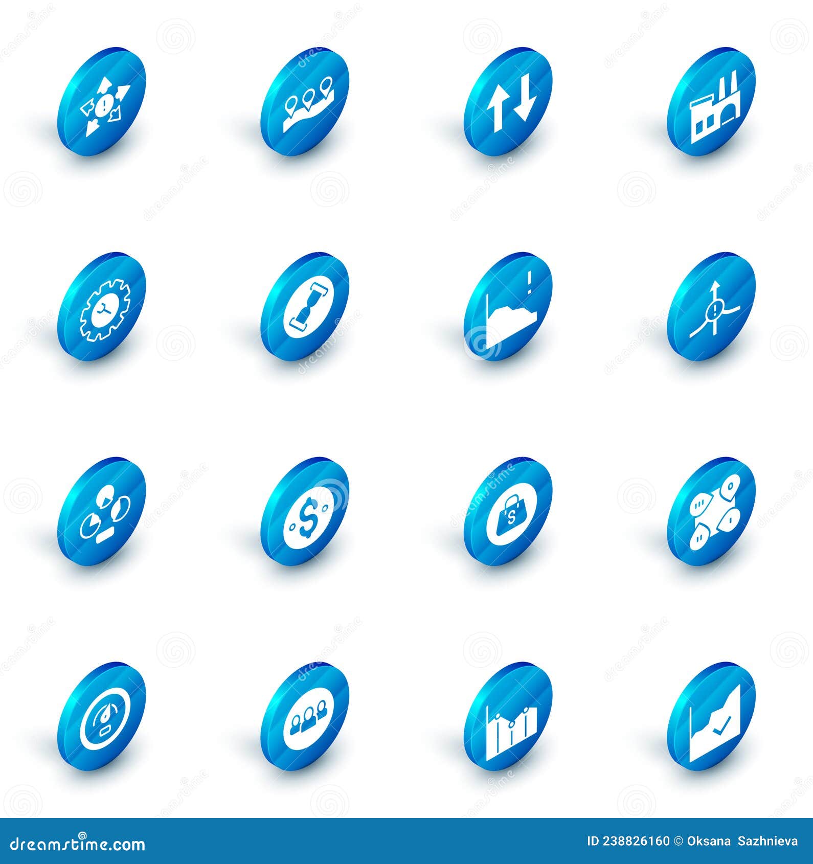 Set Location, Arrow, Factory, Wrench and Gear, Pie Chart Infographic, Old Hourglass with Sand ...