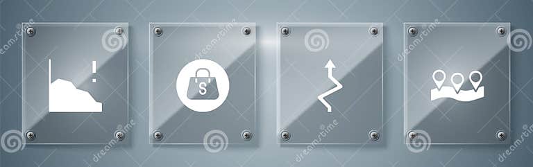 Set Location, Arrow, Shopping Bag with Sale and Financial Growth Decrease. Square Glass Panels ...