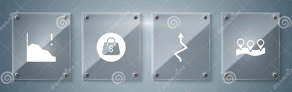 Set Location, Arrow, Shopping Bag with Sale and Financial Growth Decrease. Square Glass Panels ...
