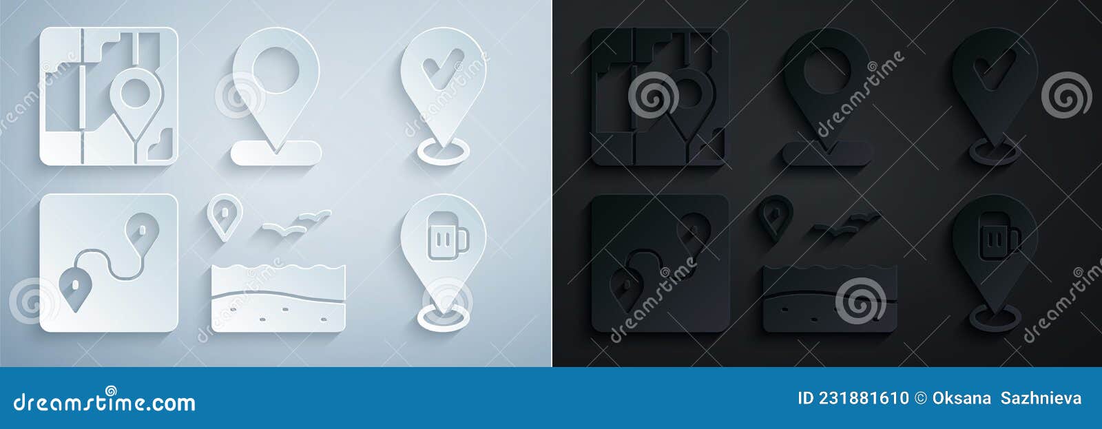 Set Location with Beach, Check Mark, Route Location, Alcohol or Beer ...