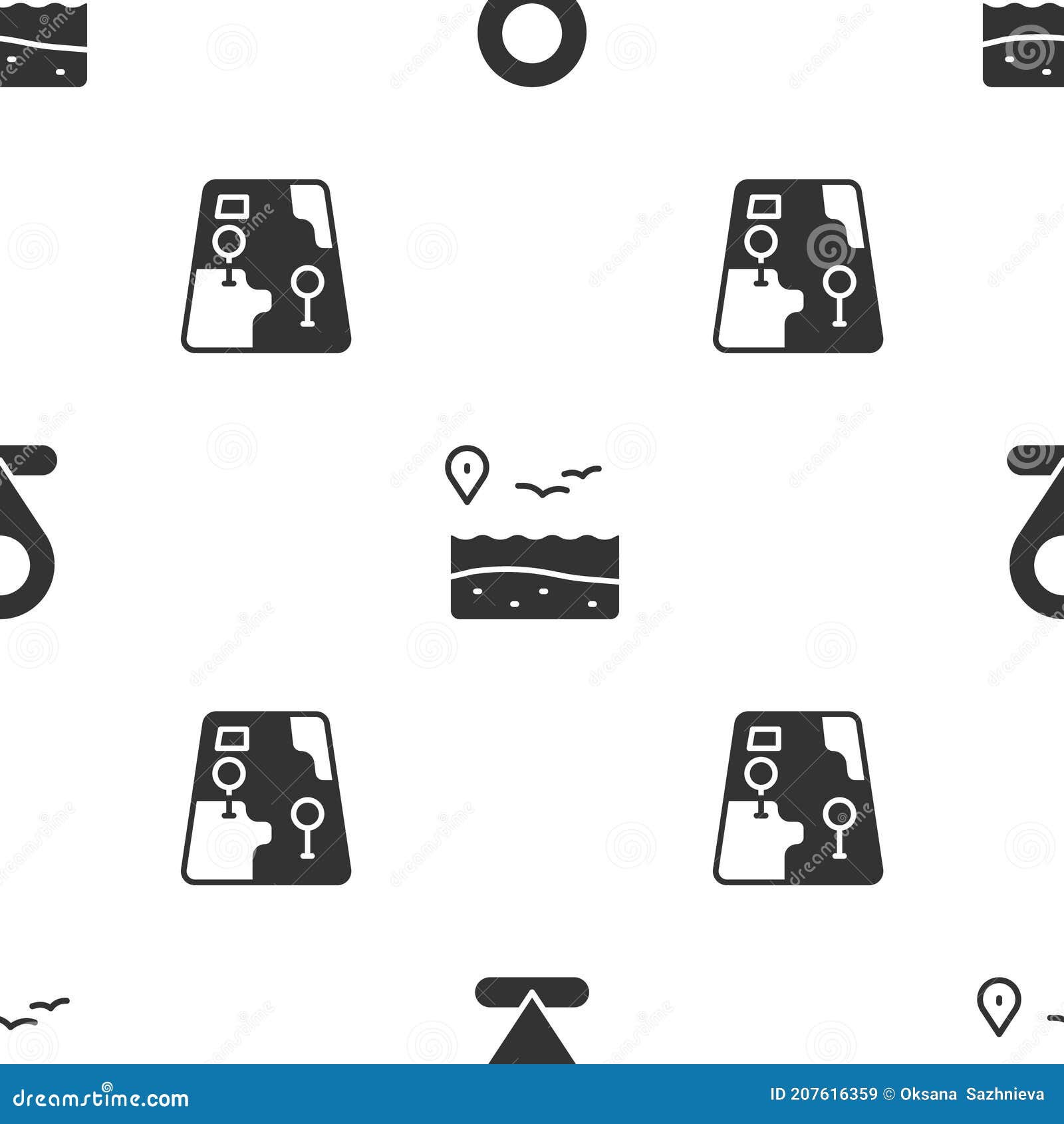 Set Location, with Beach and City Map Navigation on Seamless Pattern ...