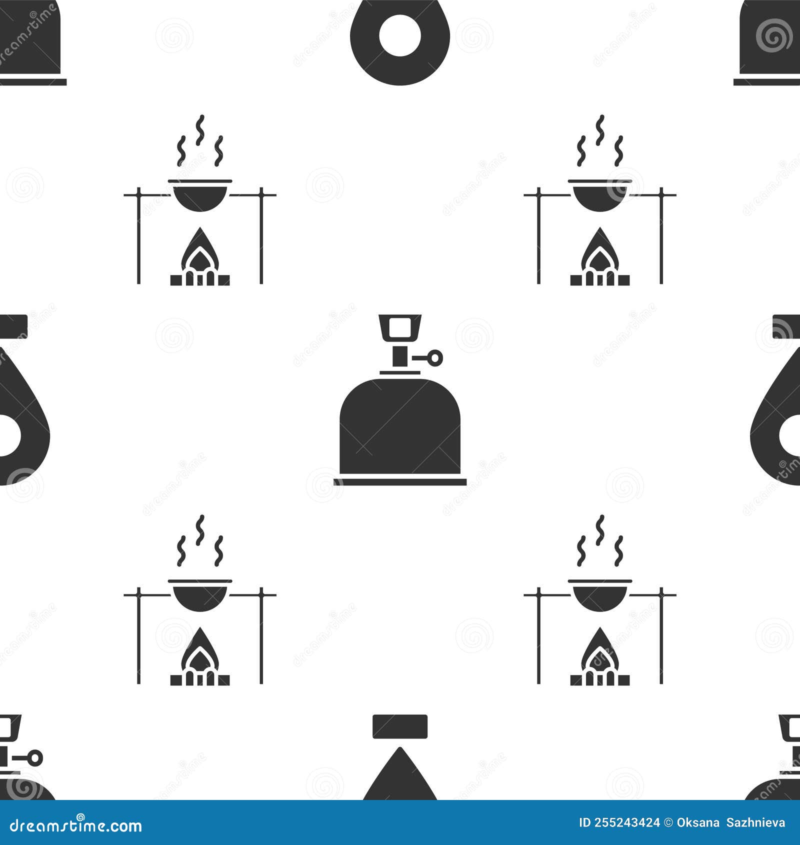 Set Location, Camping Gas Stove and Campfire and Pot on Seamless ...