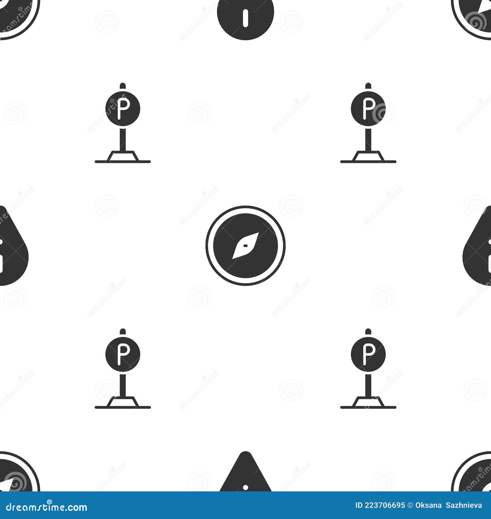 Set Location With Exclamation Mark Compass And Parking On Seamless Pattern Vector