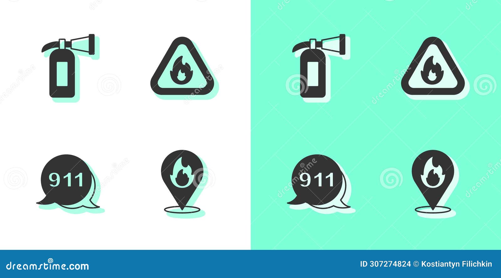 Set Location with Fire Flame, Fire Extinguisher, Emergency Call 911 and ...