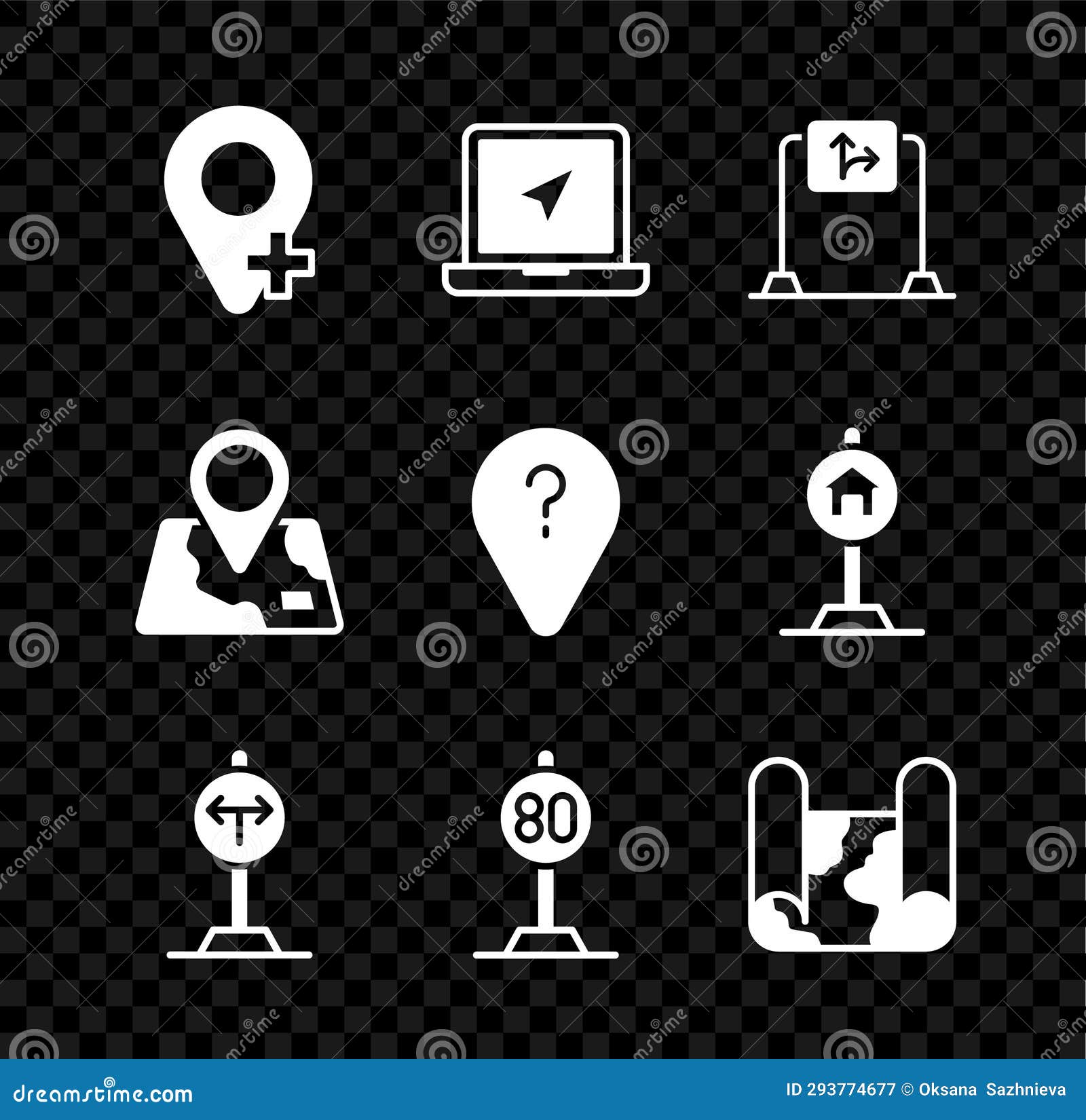Set Location, Laptop with Location Marker, Road Traffic Sign, Fork in ...