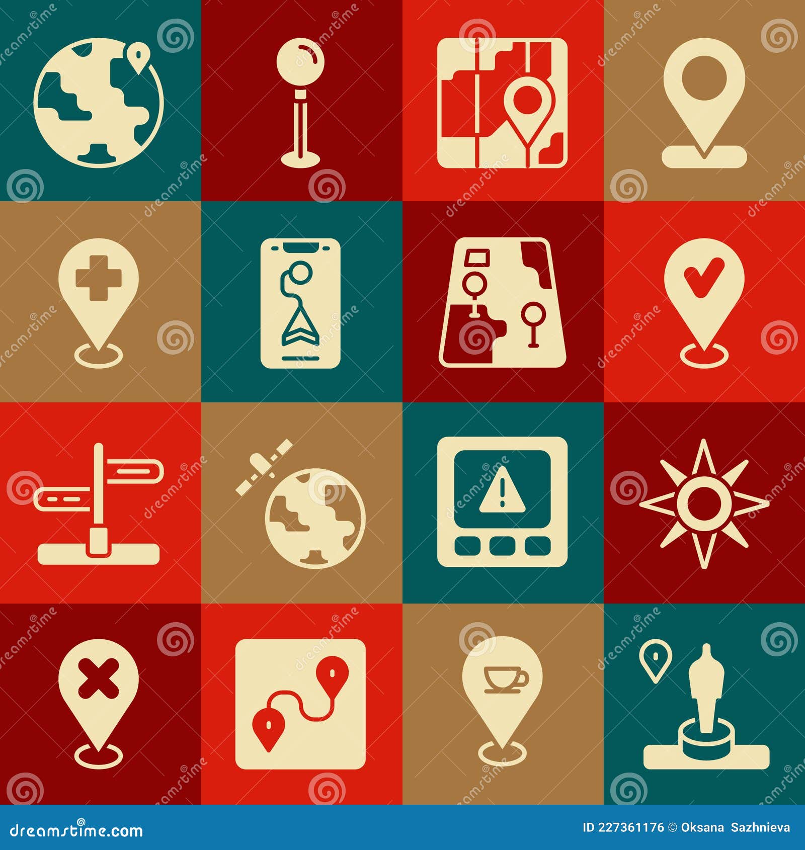 Set Location and Monument, Wind Rose, with Check Mark, City Map ...