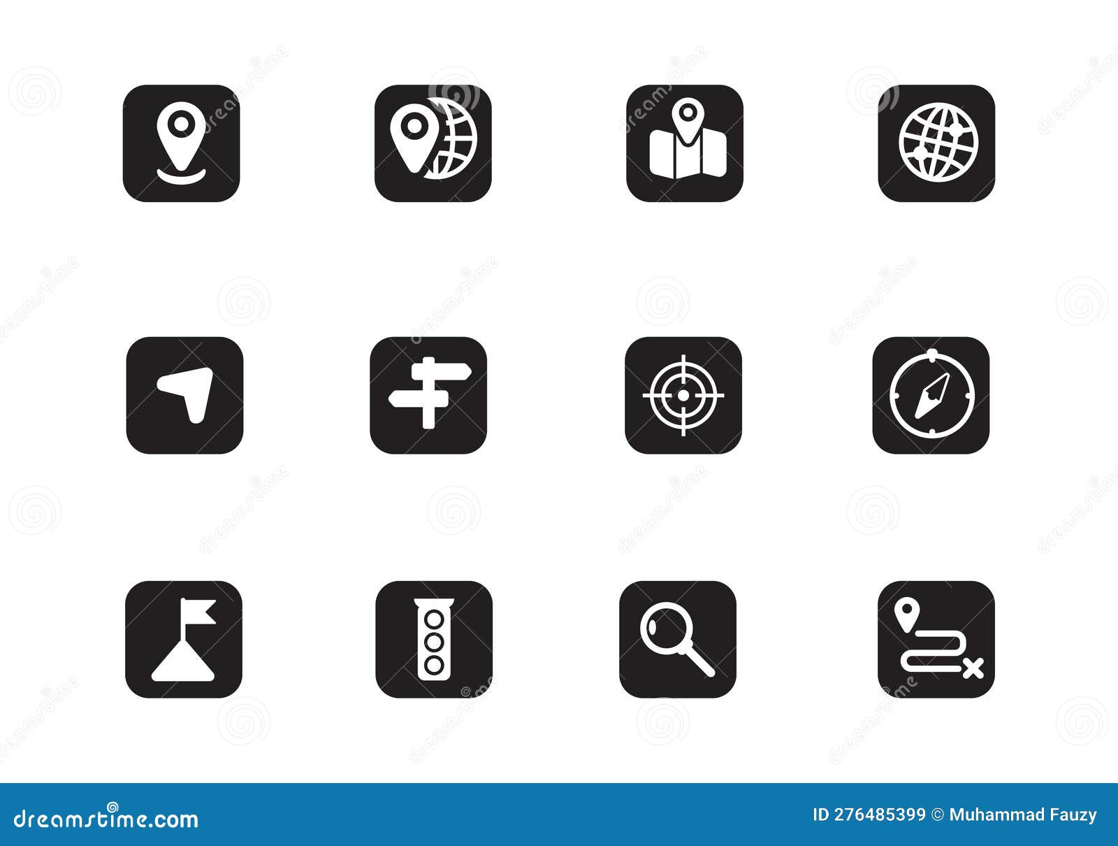 Set of Location and Navigation Icons in Rounded Rectangle Shape Stock ...
