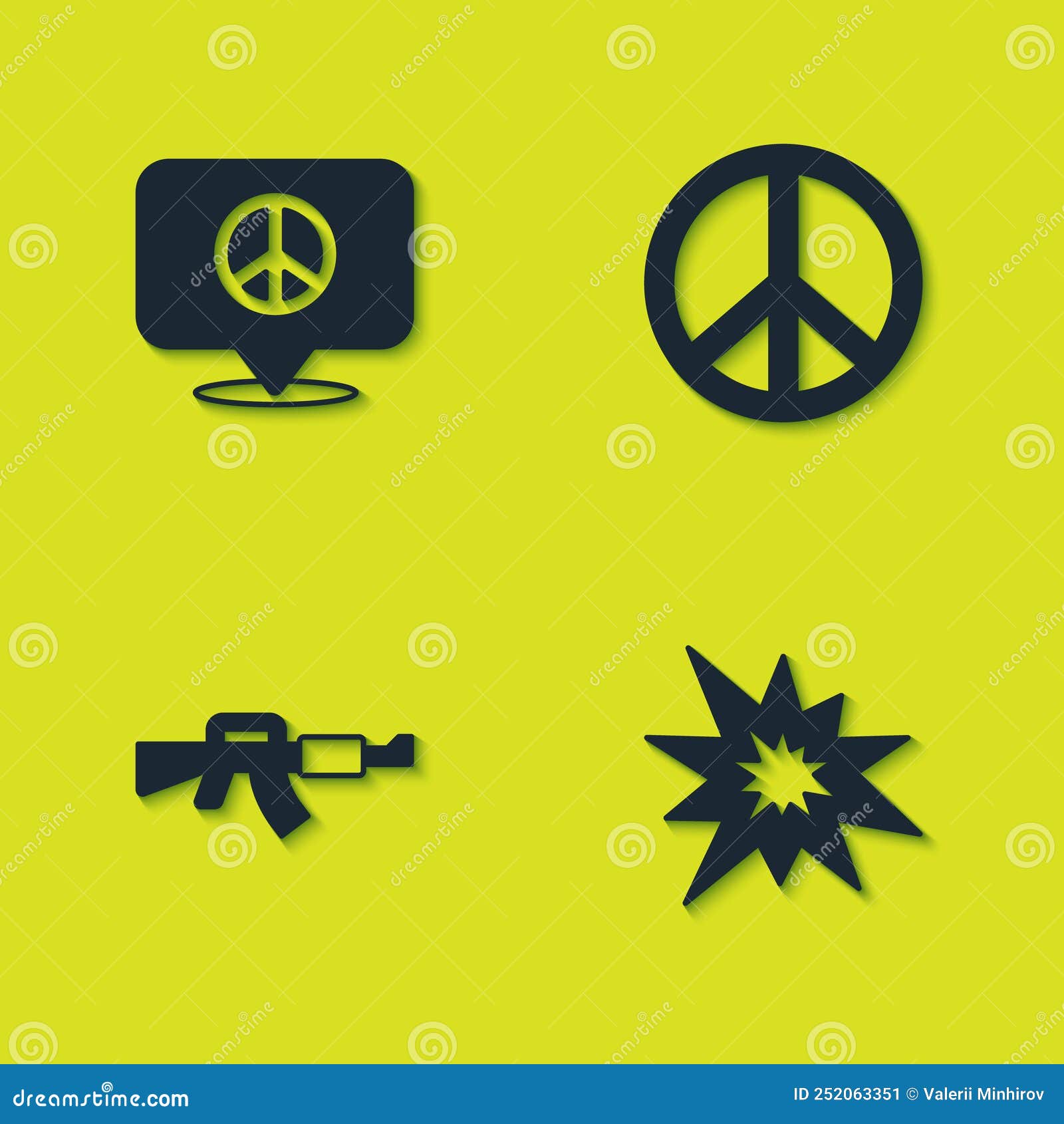 Set Location Peace, Bomb Explosion, M16A1 Rifle and Peace Icon. Vector ...