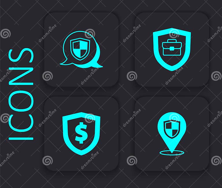 Set Location Shield, Shield, Briefcase with and Dollar Icon. Black ...