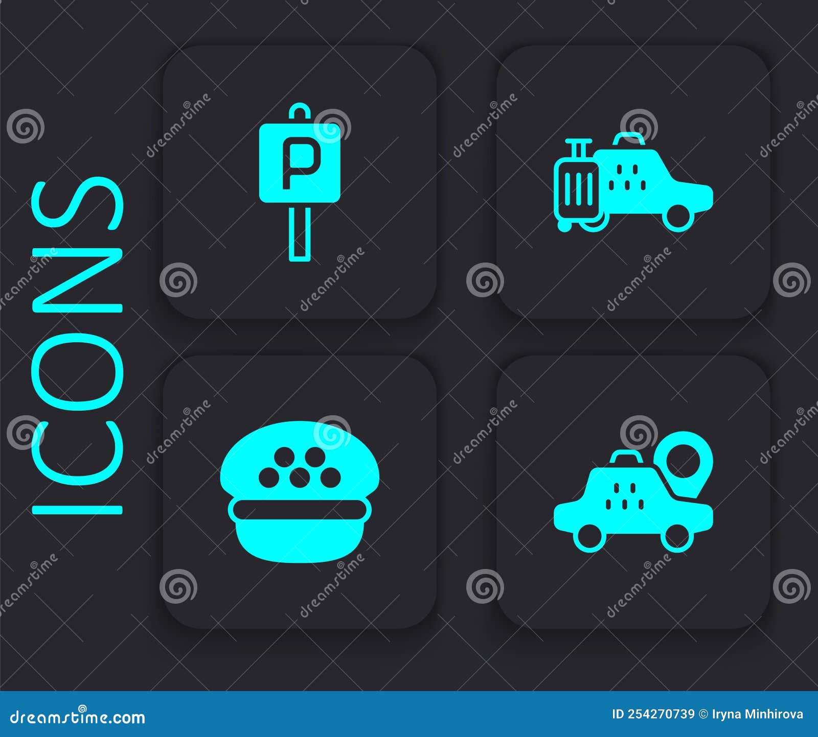 Set Location Taxi Car, Parking, Taxi and Driver Cap Icon. Black Square ...
