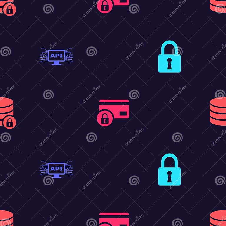 Set Lock Computer Api Interface Credit Card With Lock And Server Security On Seamless Pattern 2635