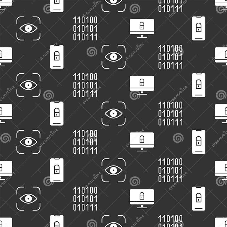Set Lock on Computer Monitor, Mobile with Closed Padlock, Eye Scan and Binary Code on Seamless ...
