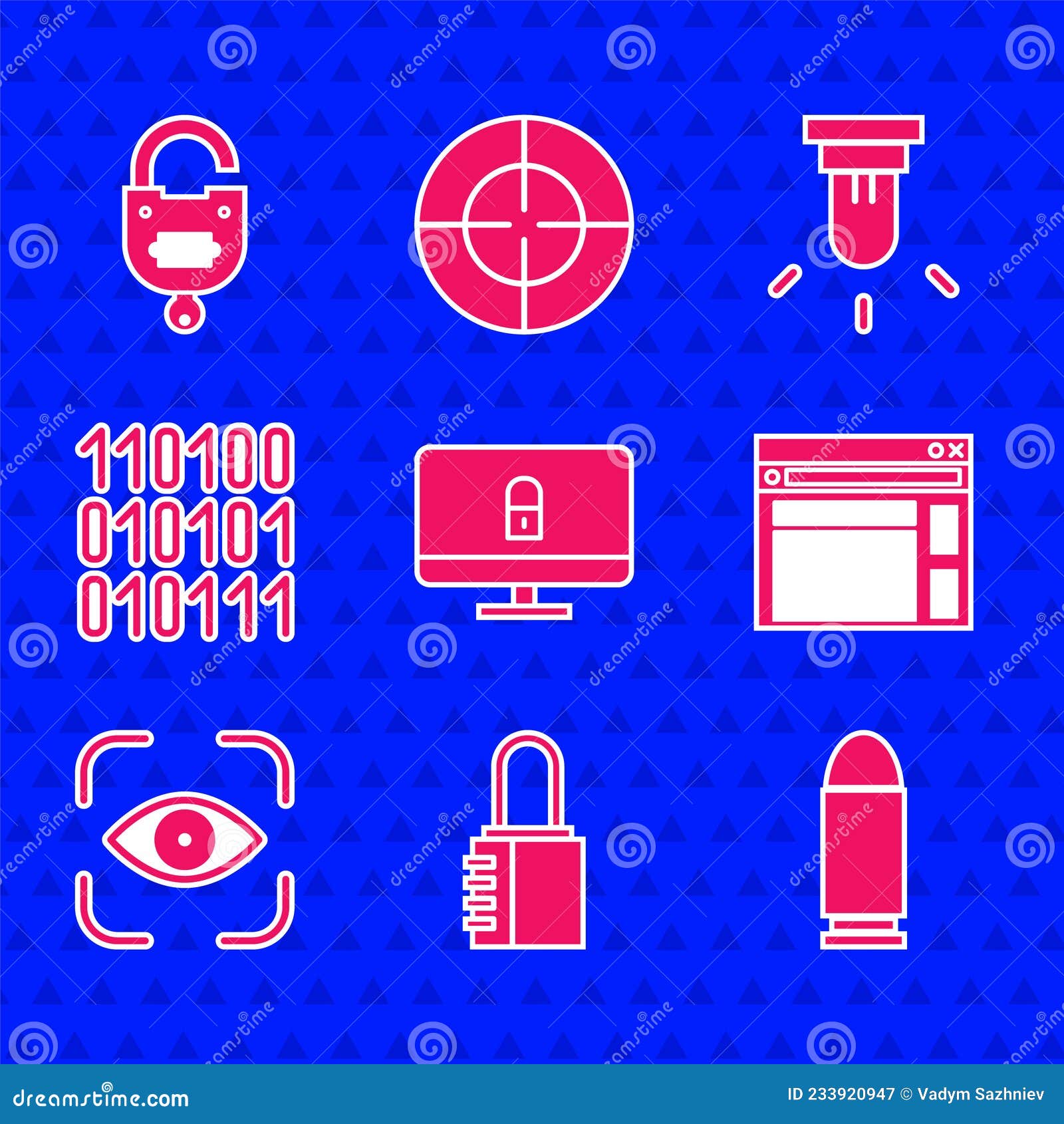Set Lock on Computer Monitor, Safe Combination Lock, Bullet, Website Template, Eye Scan, Binary ...