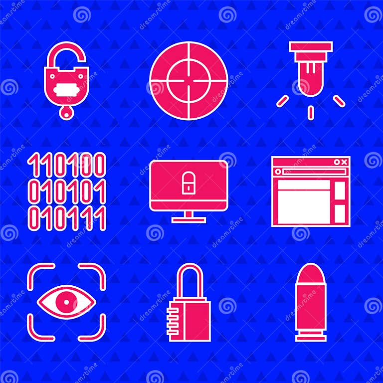 Set Lock on Computer Monitor, Safe Combination Lock, Bullet, Website Template, Eye Scan, Binary ...