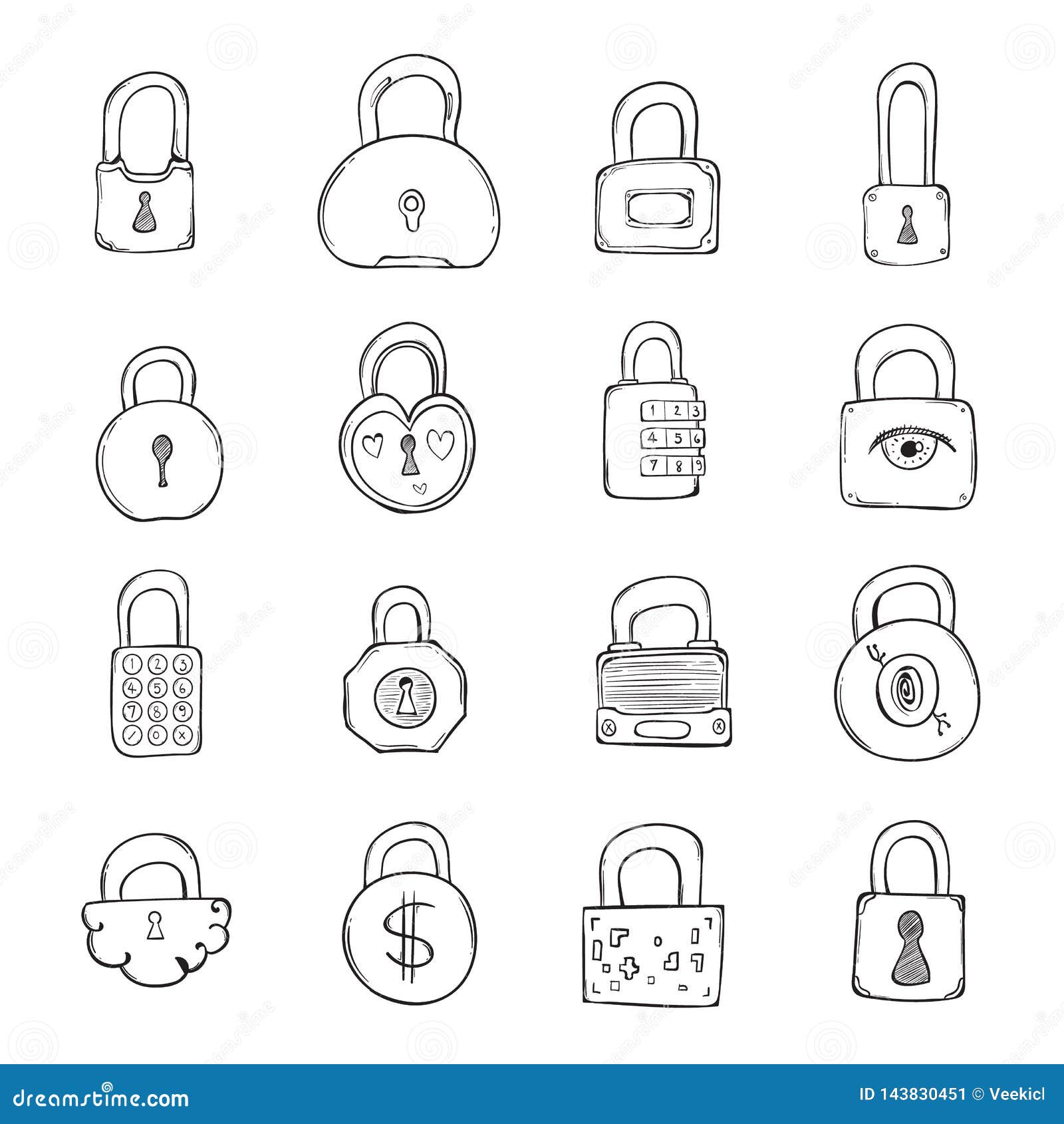 Set of Lock Icons Drawing Illustration Hand Drawn Doodle Sketch Line ...