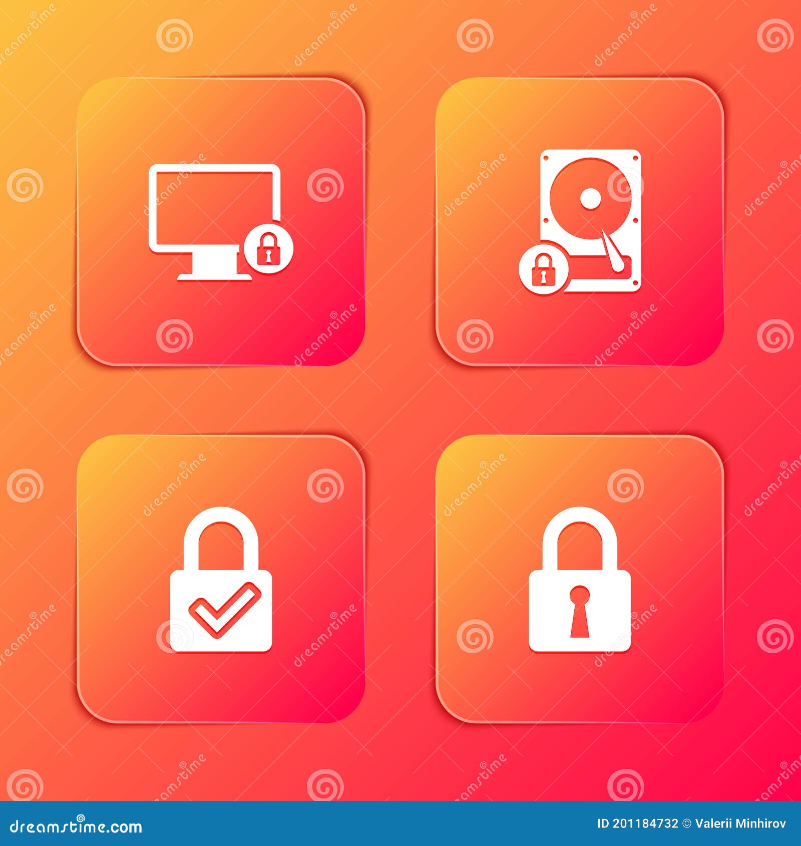 Set Lock on Monitor, Hard Disk Drive and Lock, Check Mark and Icon ...