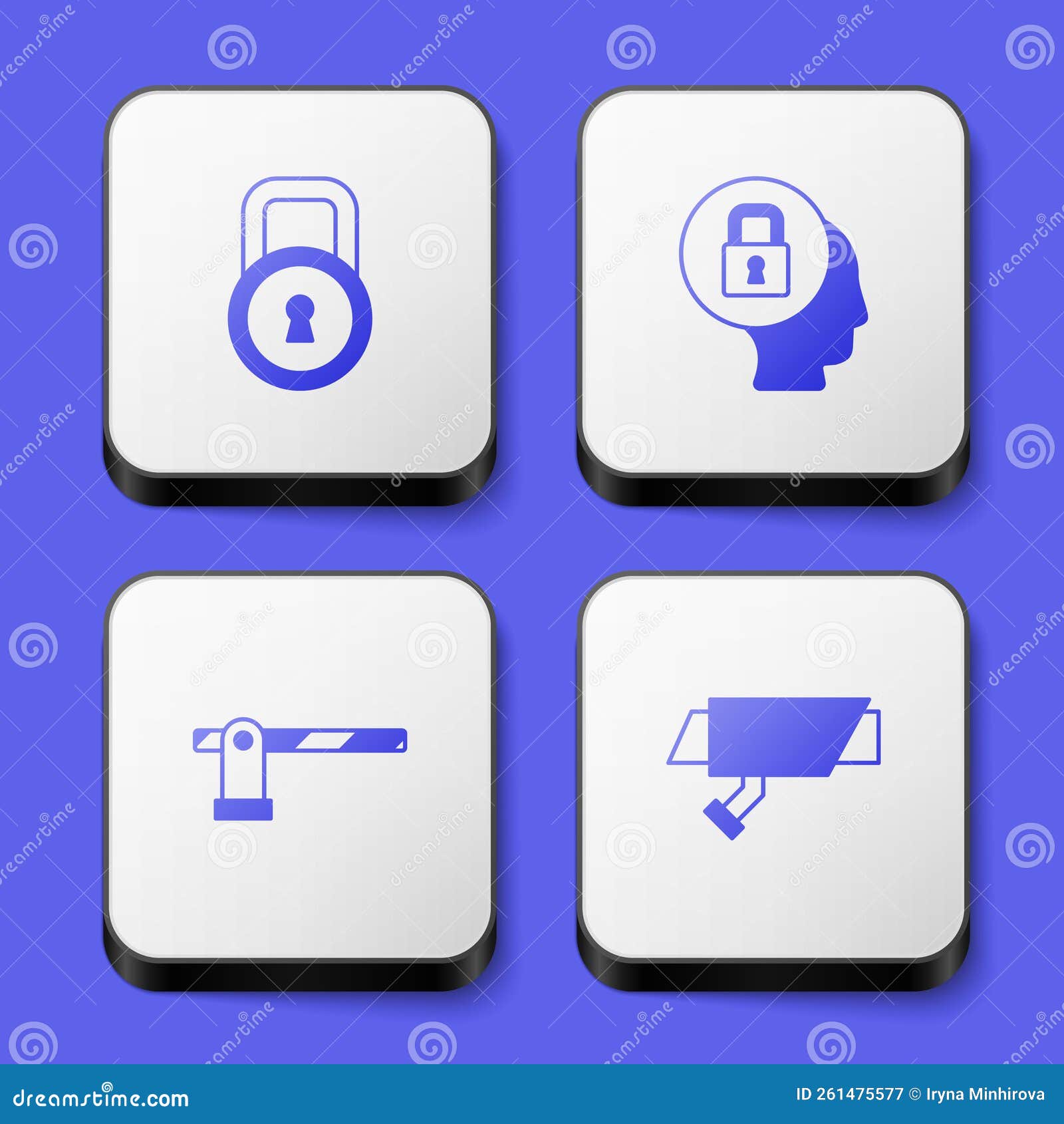 Set Lock, Parking Car Barrier and Security Camera Icon. White Square ...