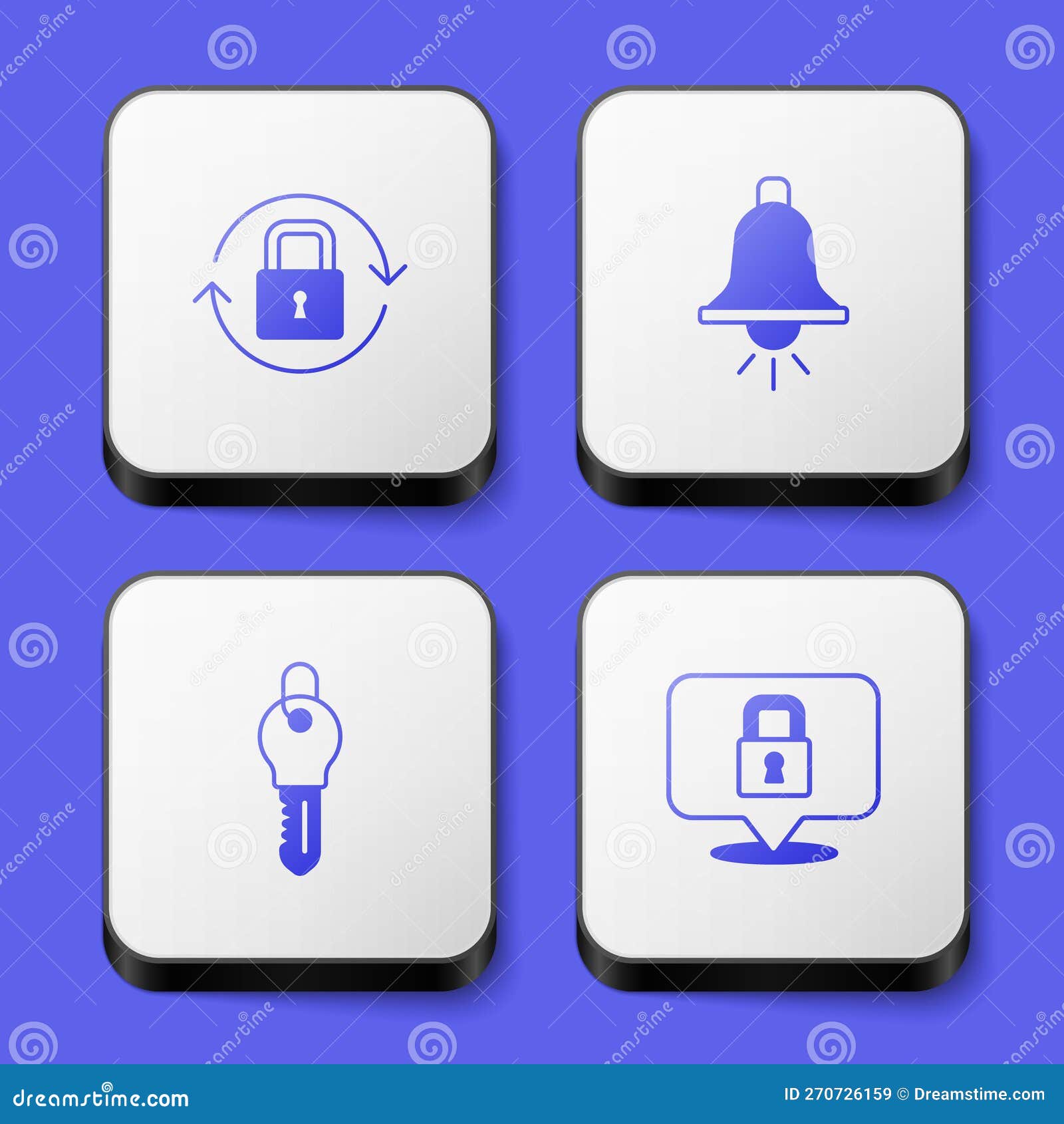 Set Lock, Ringing Alarm Bell, Key and Icon. White Square Button. Vector ...