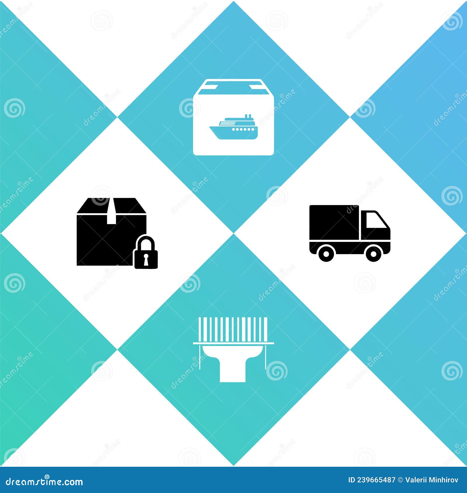 Set Locked Package, Scanner Scanning Bar Code, Cargo Ship with Boxes ...