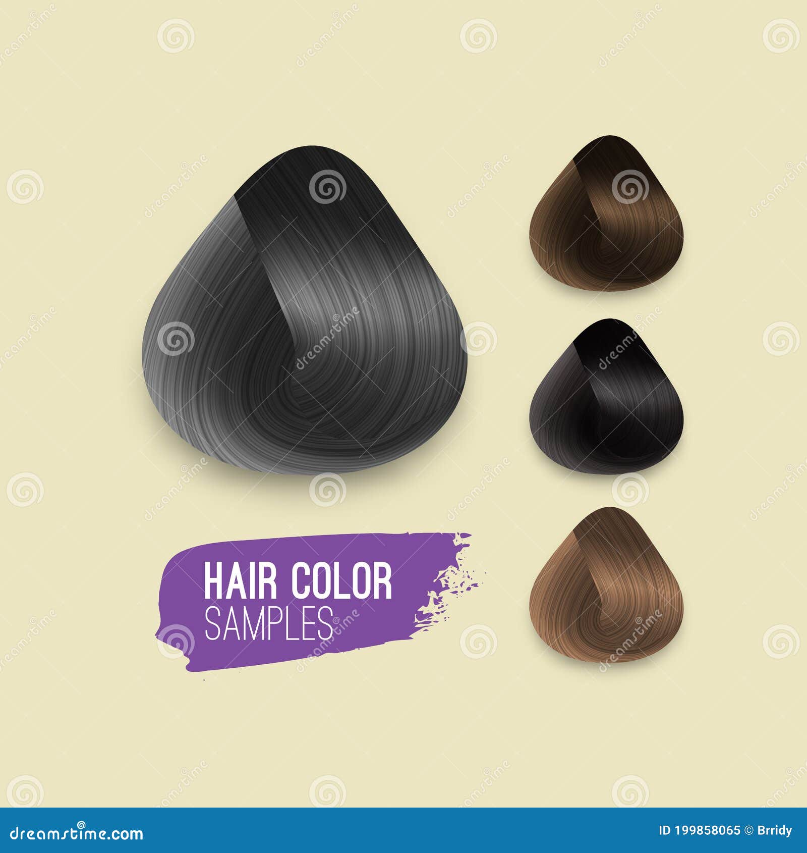 Set of Locks of Brunette Hair Color Samples. Vector Realistic Rounded ...