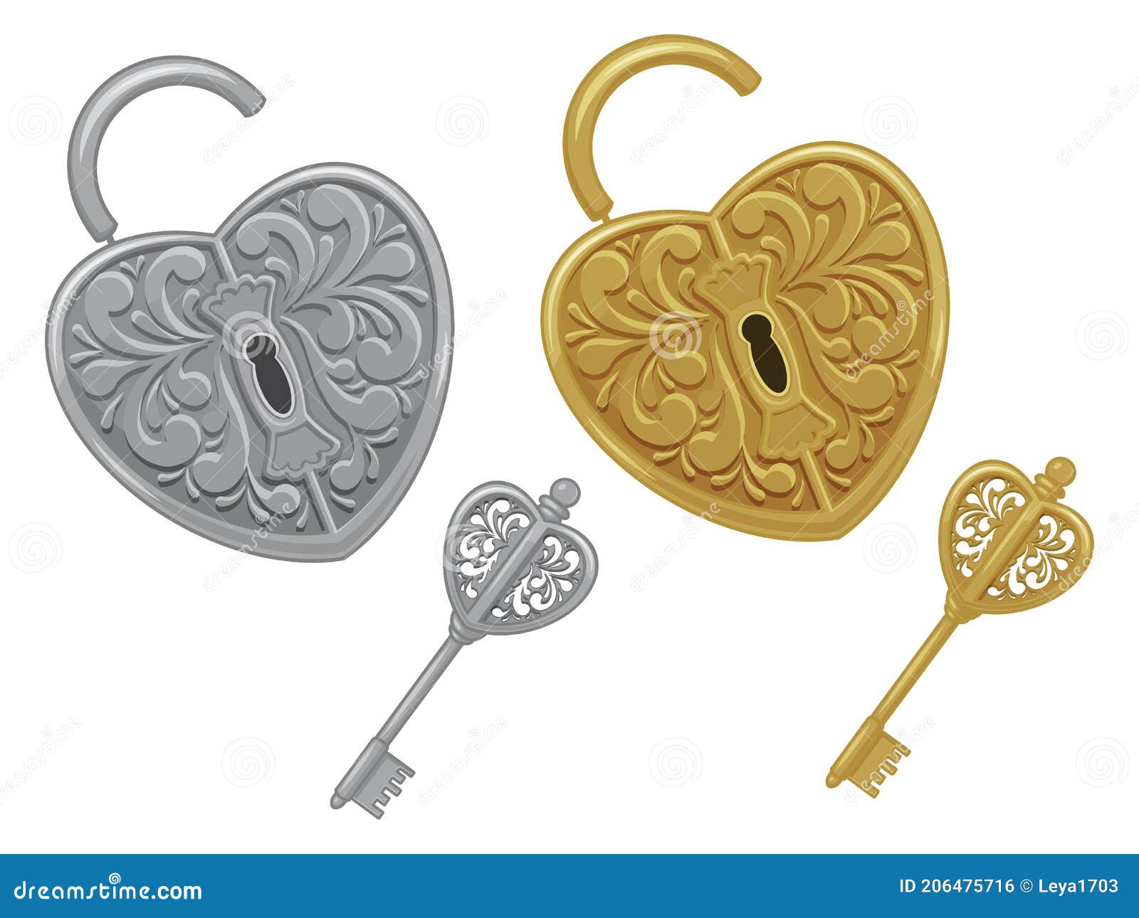 Set of Locks and Keys, Gold and Silver. Isolated on White. Vector ...