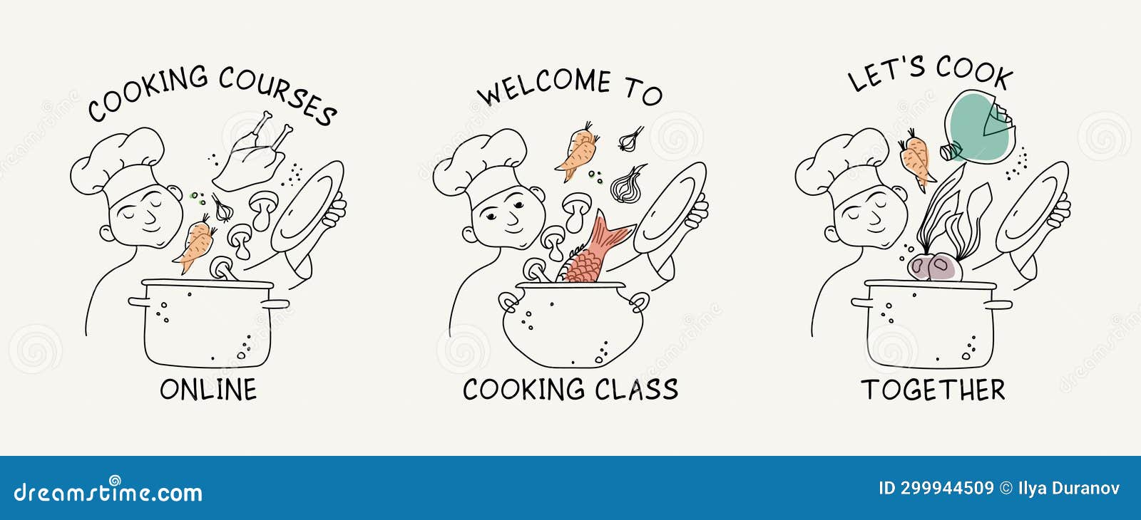 Set of Logos for Cooking Course or Class with Chef Opening Saucepan ...